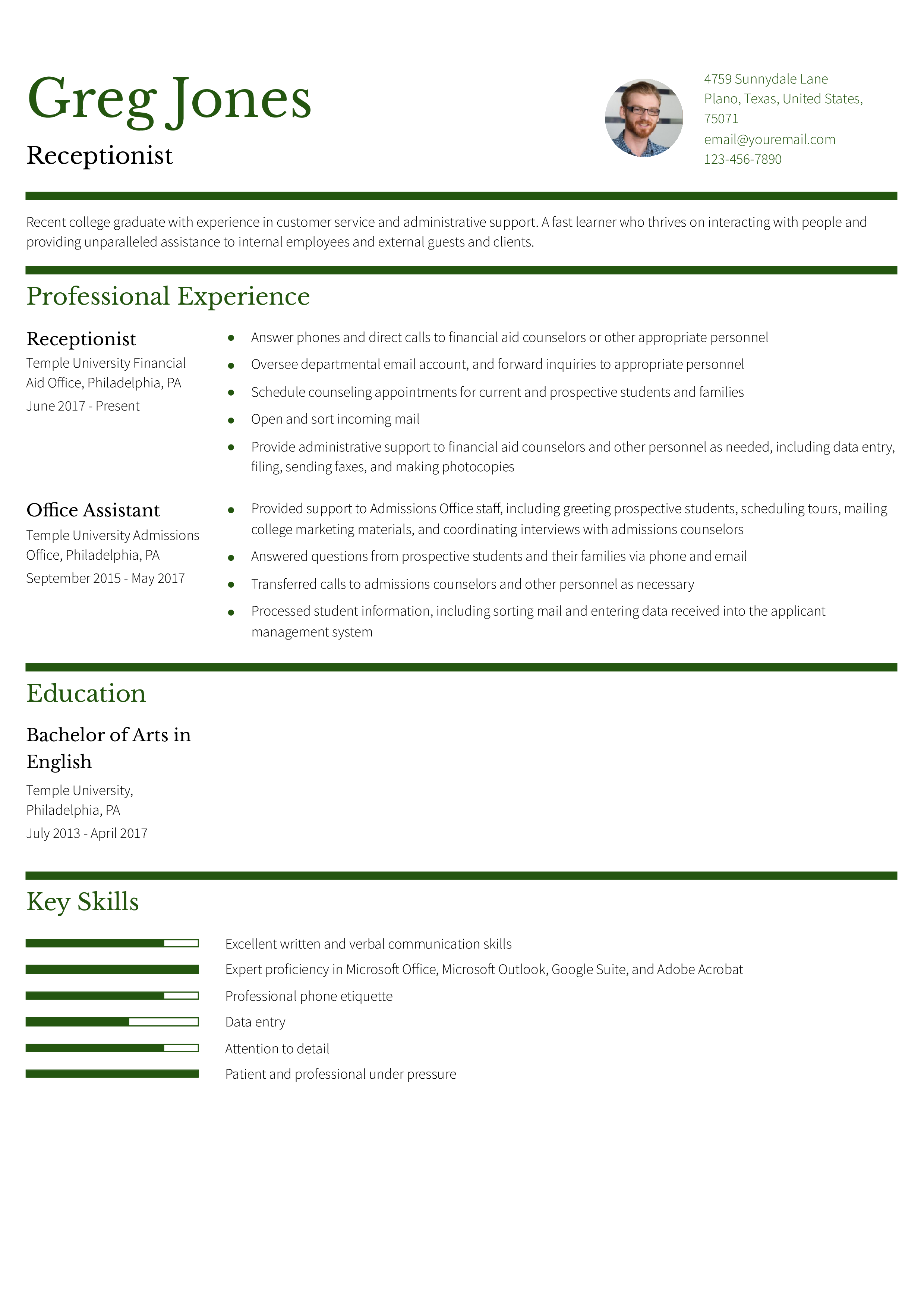 Receptionist Resume Examples and Templates for 2024 - ResumeBuilder.com