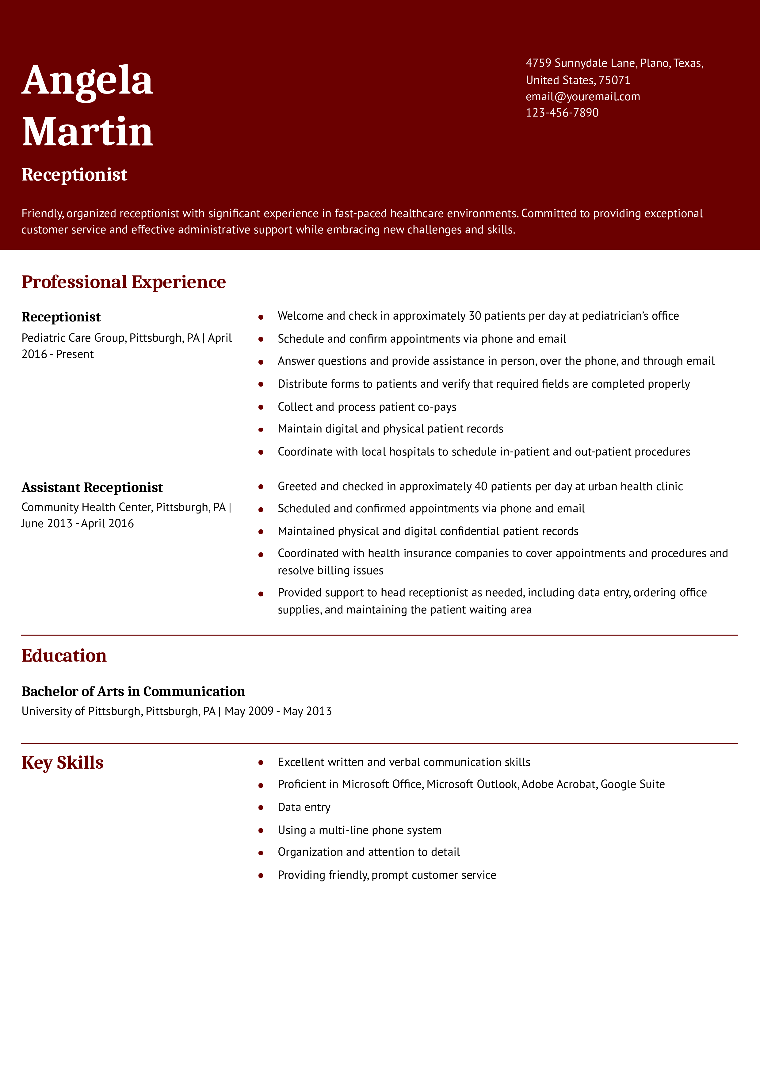 Receptionist Resume Examples And Templates For 2024 - Resumebuilder.com