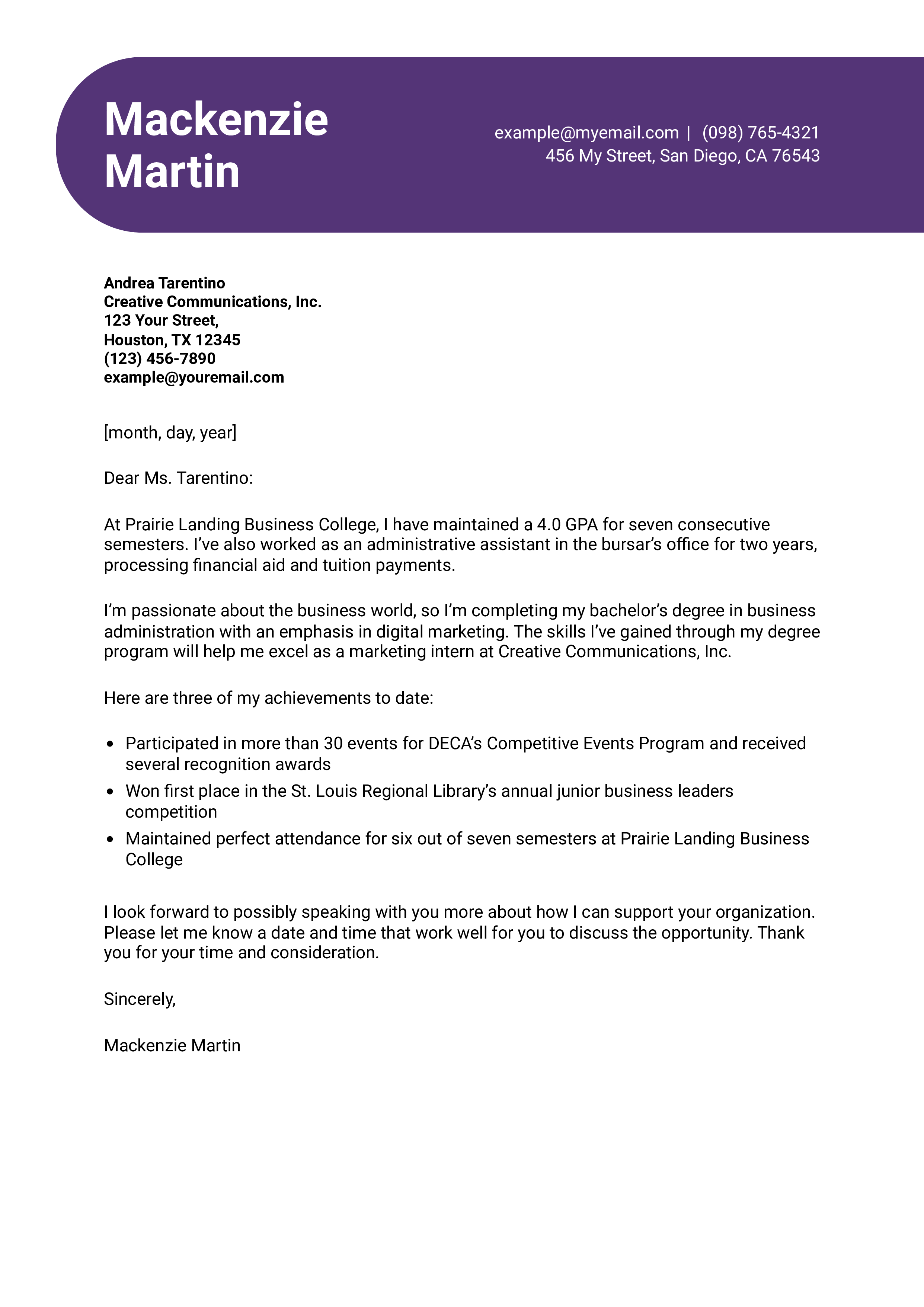 Internship Cover Letter Examples and Templates for 2024 - ResumeBuilder.com