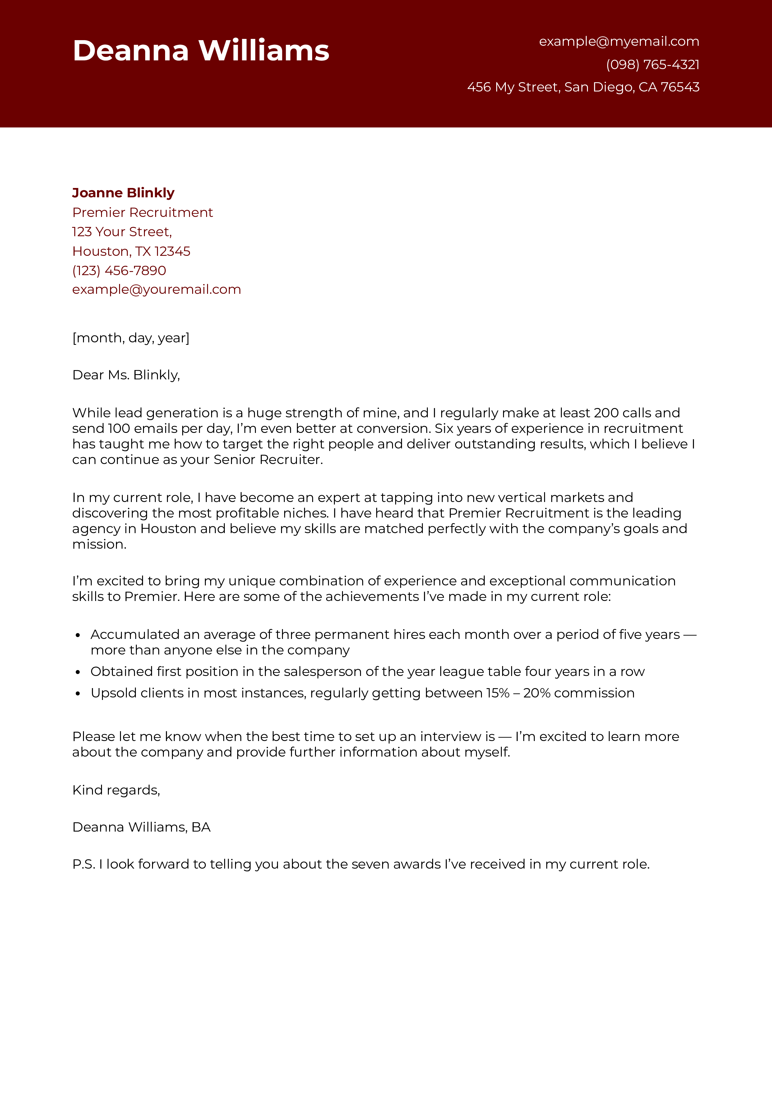 Recruiter Cover Letter Examples and Templates for 2024 - ResumeBuilder.com