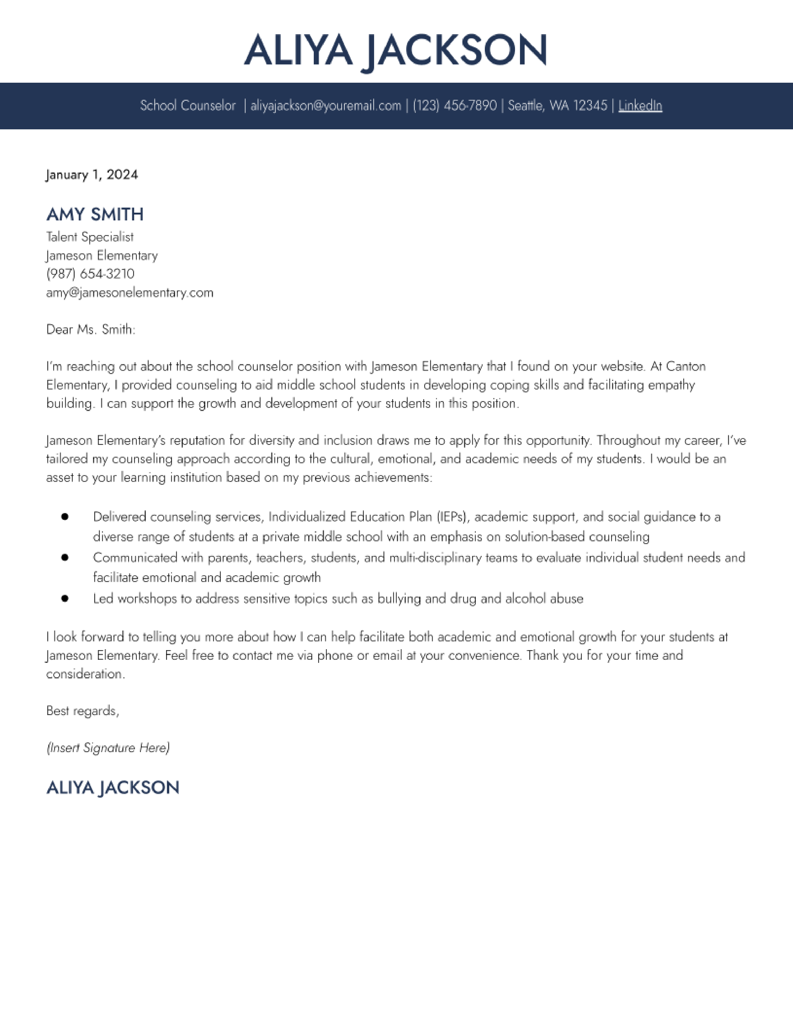 School Counselor Cover Letter Examples and Templates for 2024 ...