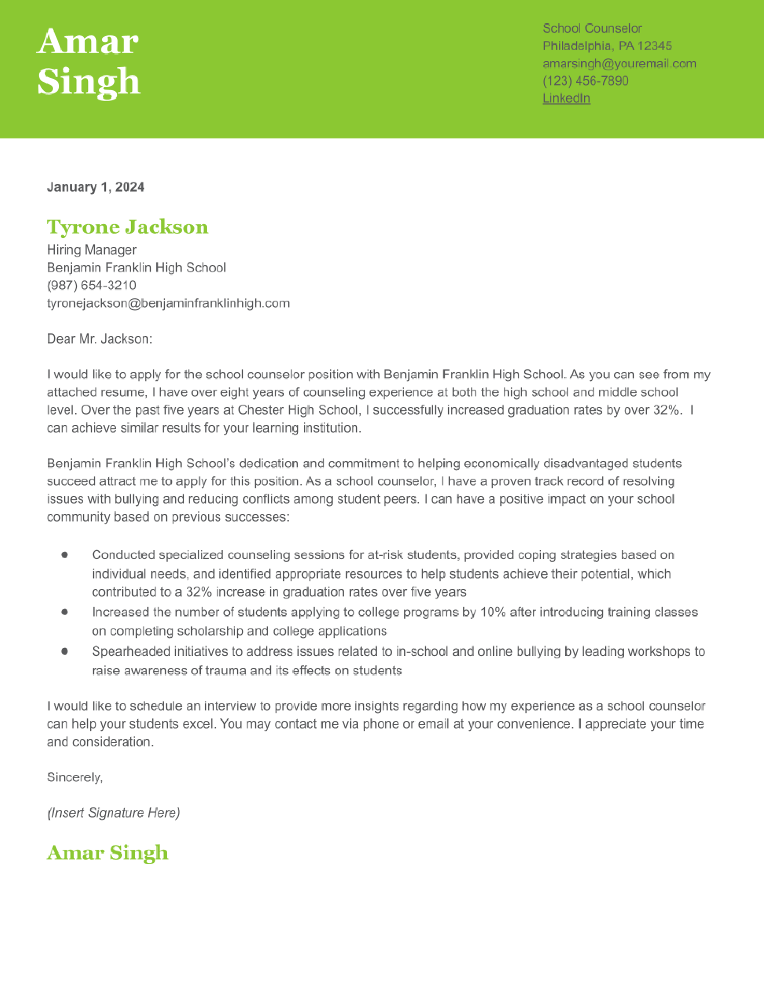 School Counselor Cover Letter Examples and Templates for 2024 ...