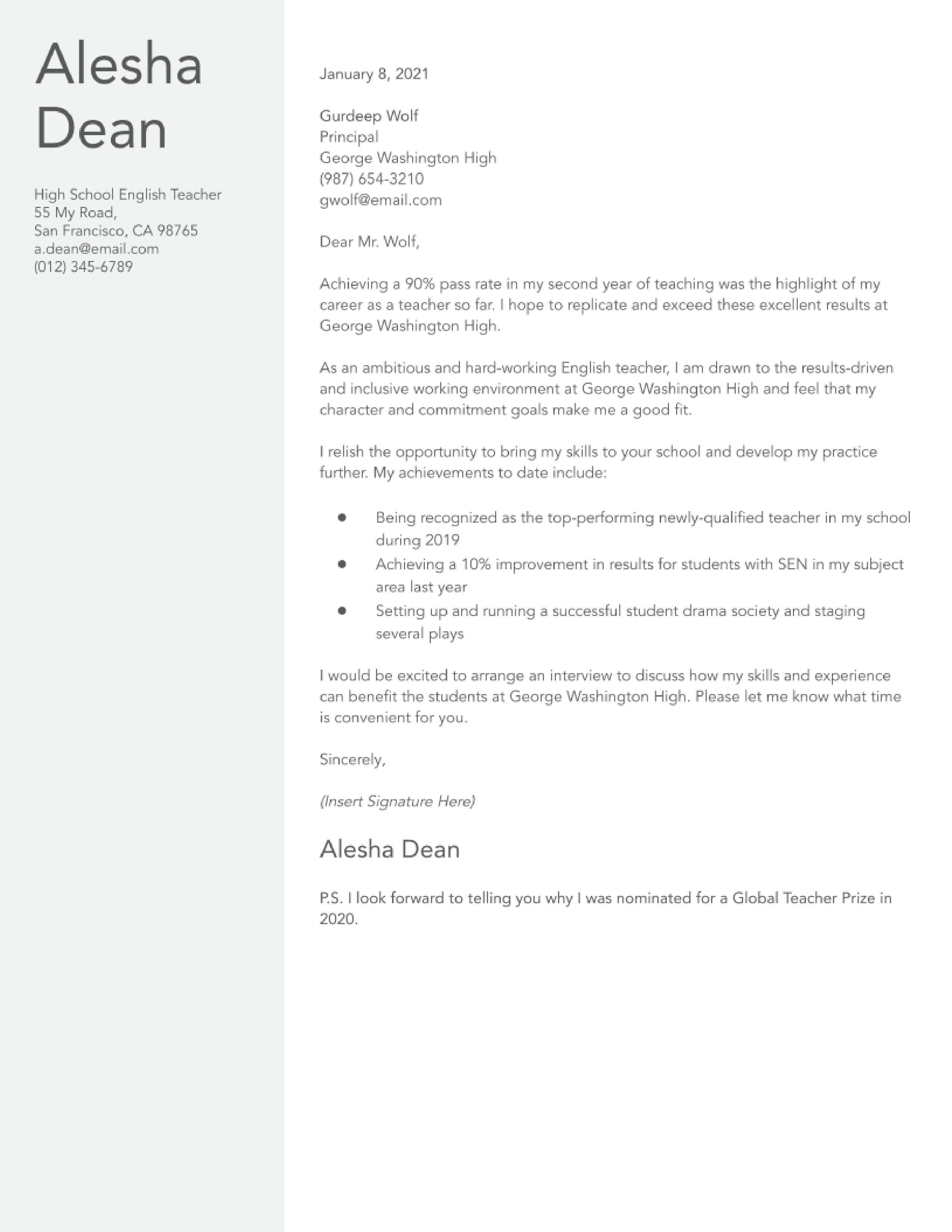 Application Letter For High School English Teacher