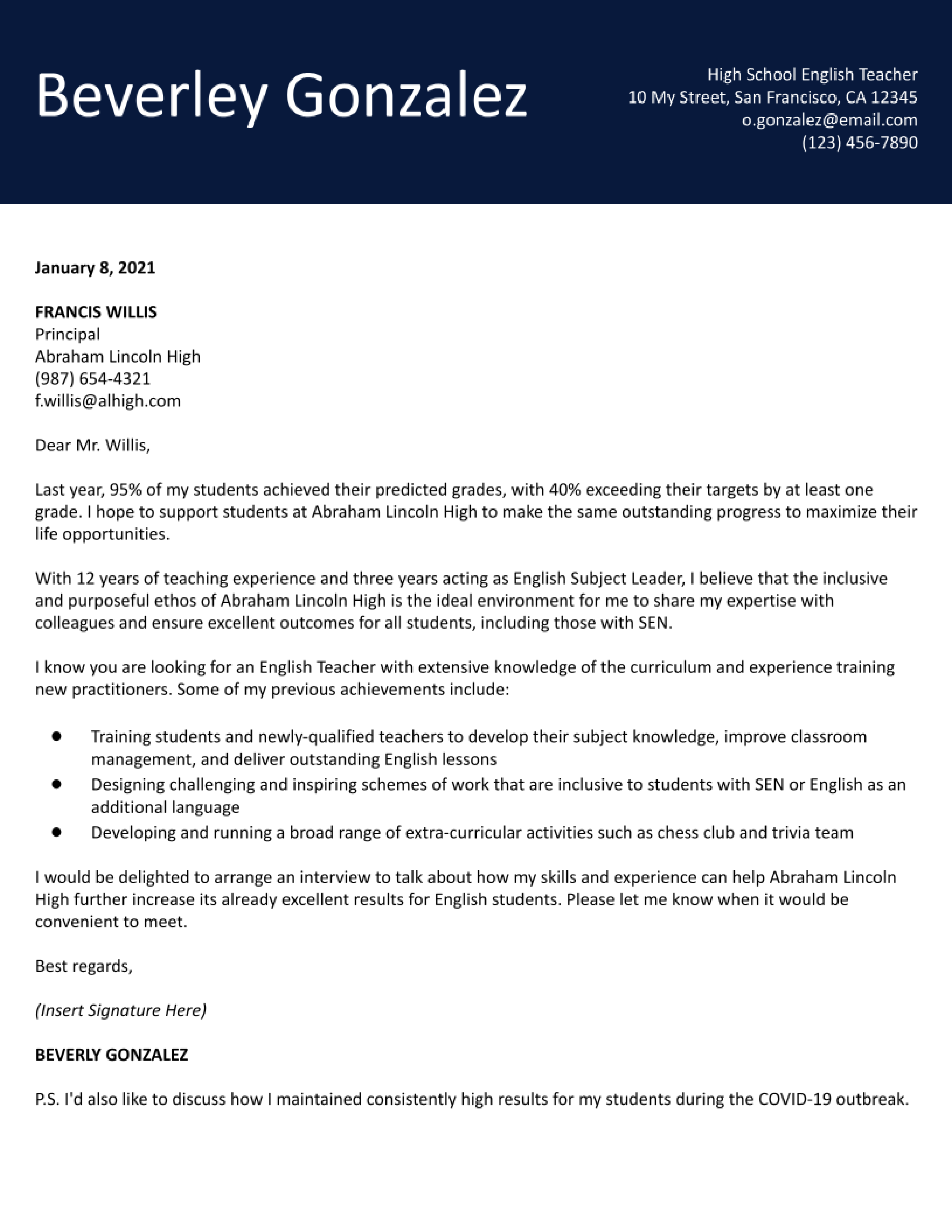 Application Letter For High School English Teacher