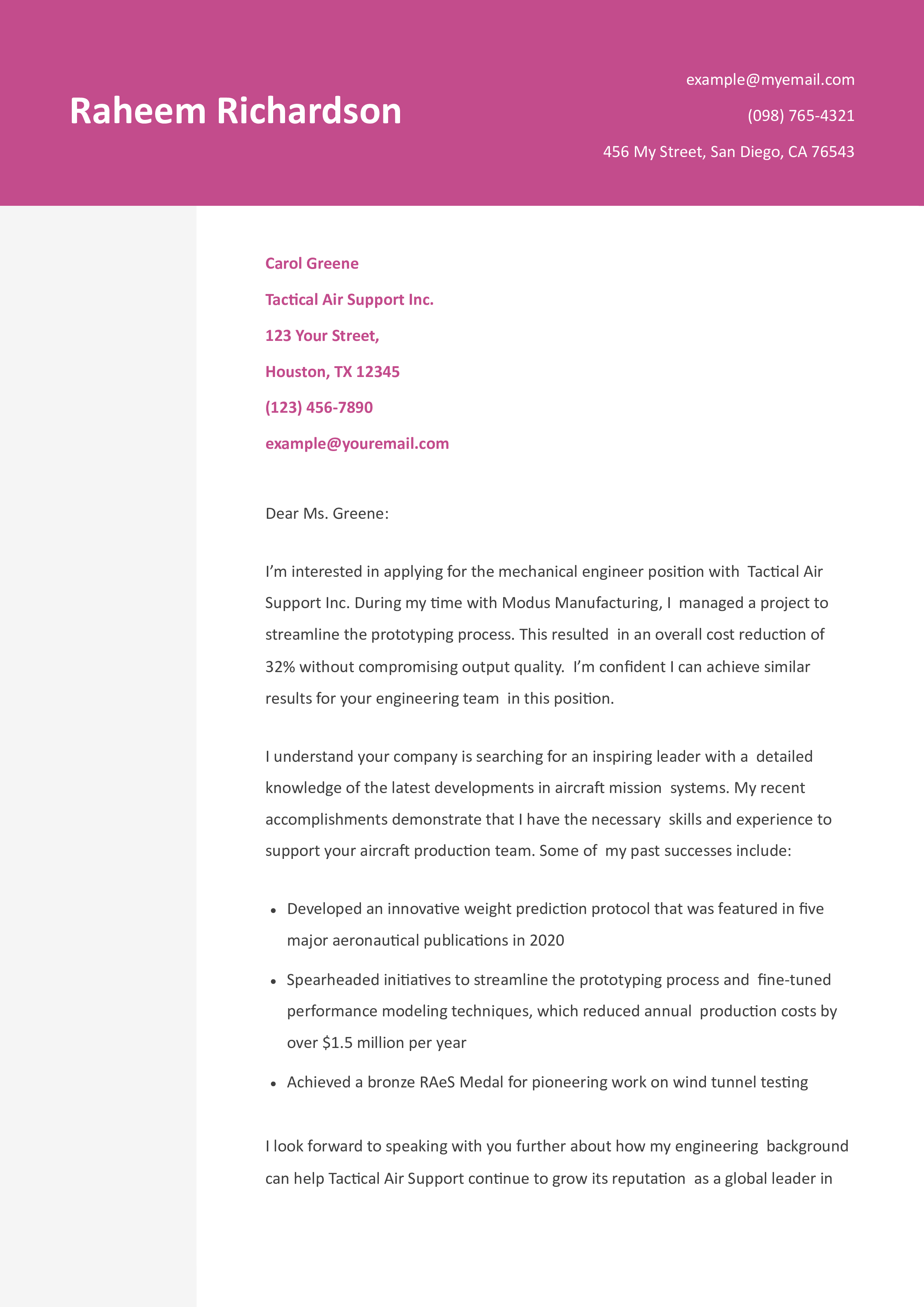 Mechanical Engineer Cover Letter Examples and Templates for 2024 ...