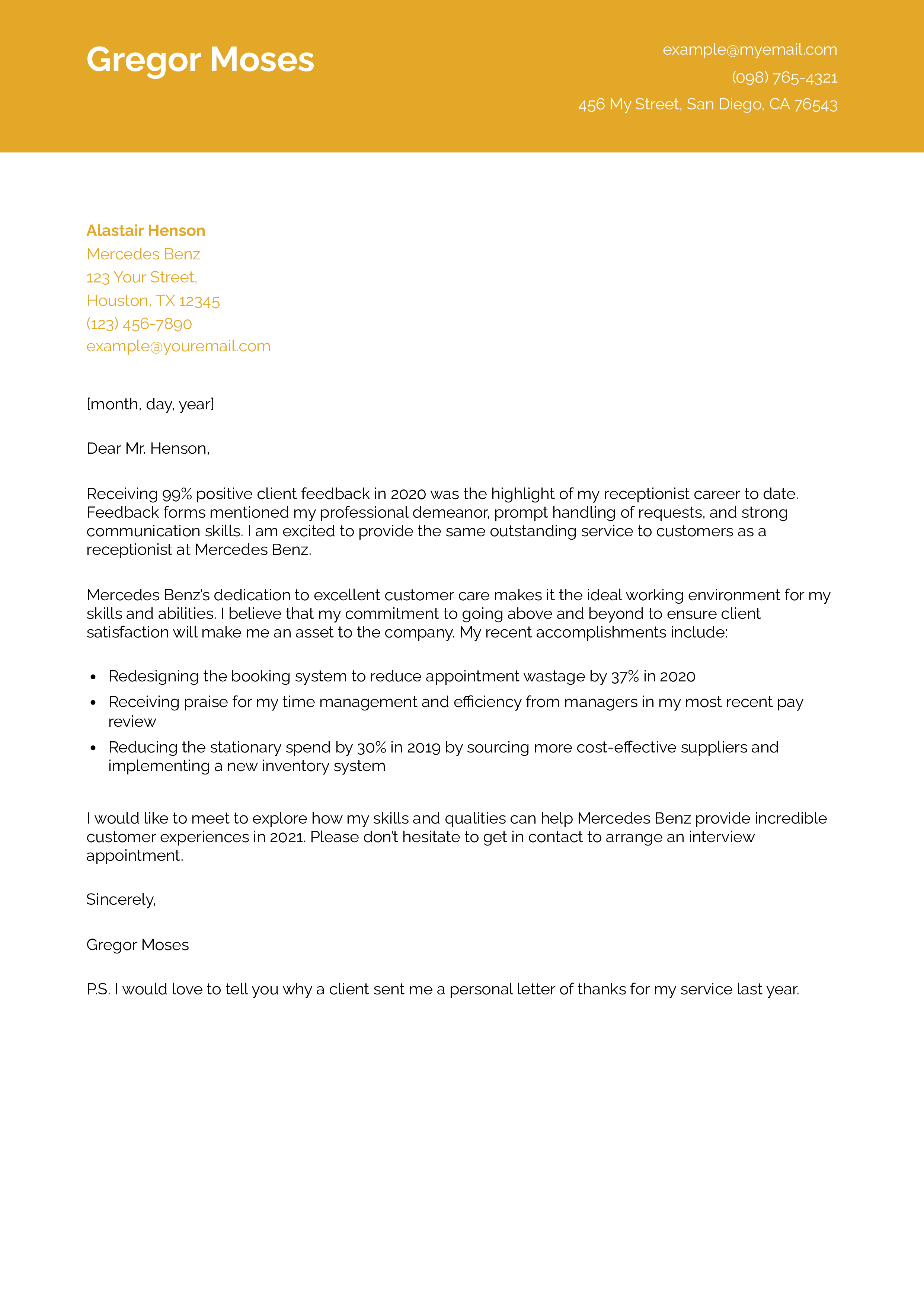 Receptionist Cover Letter Examples and Templates for 2024 ...