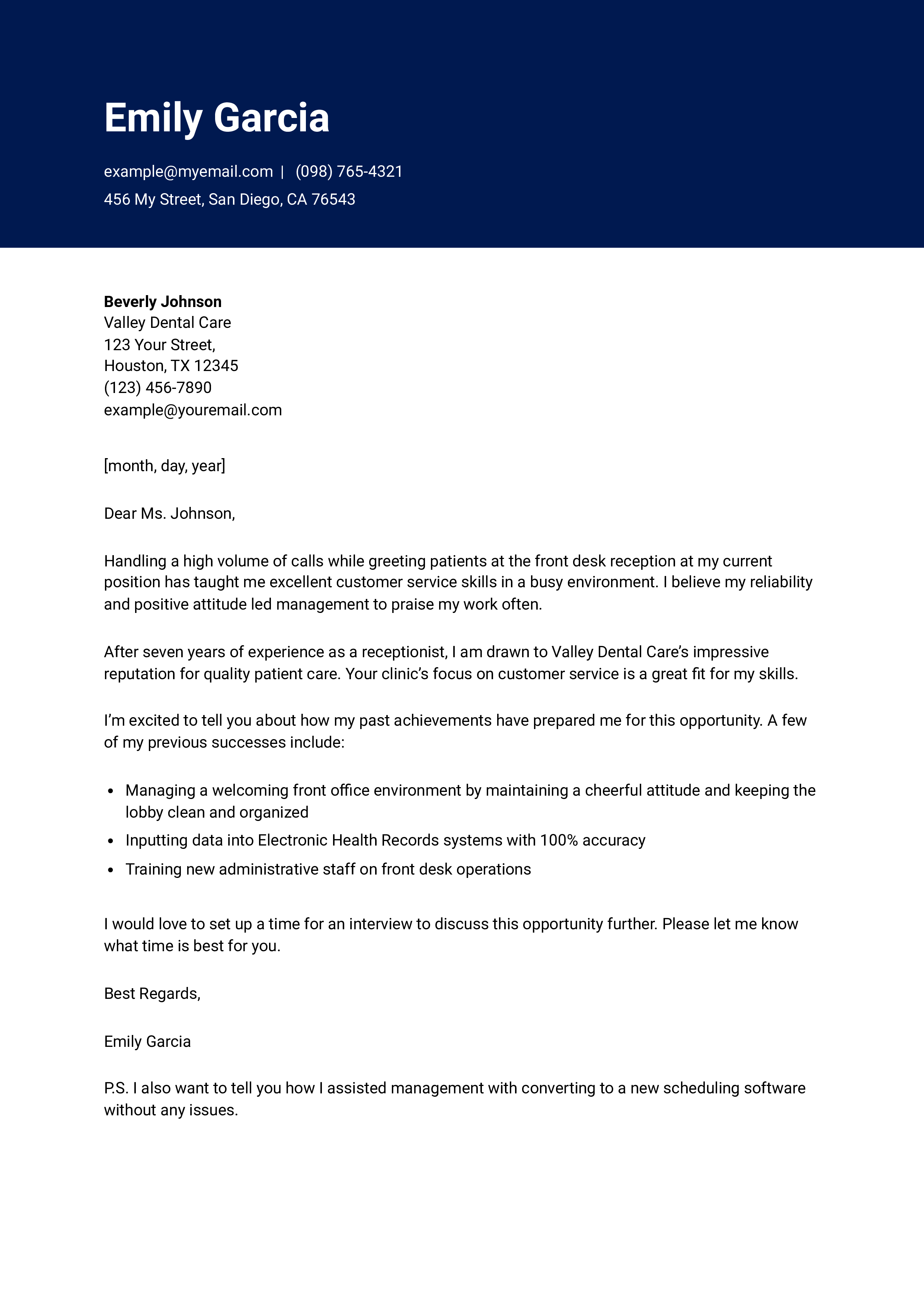 Receptionist Cover Letter Examples and Templates for 2024 ...