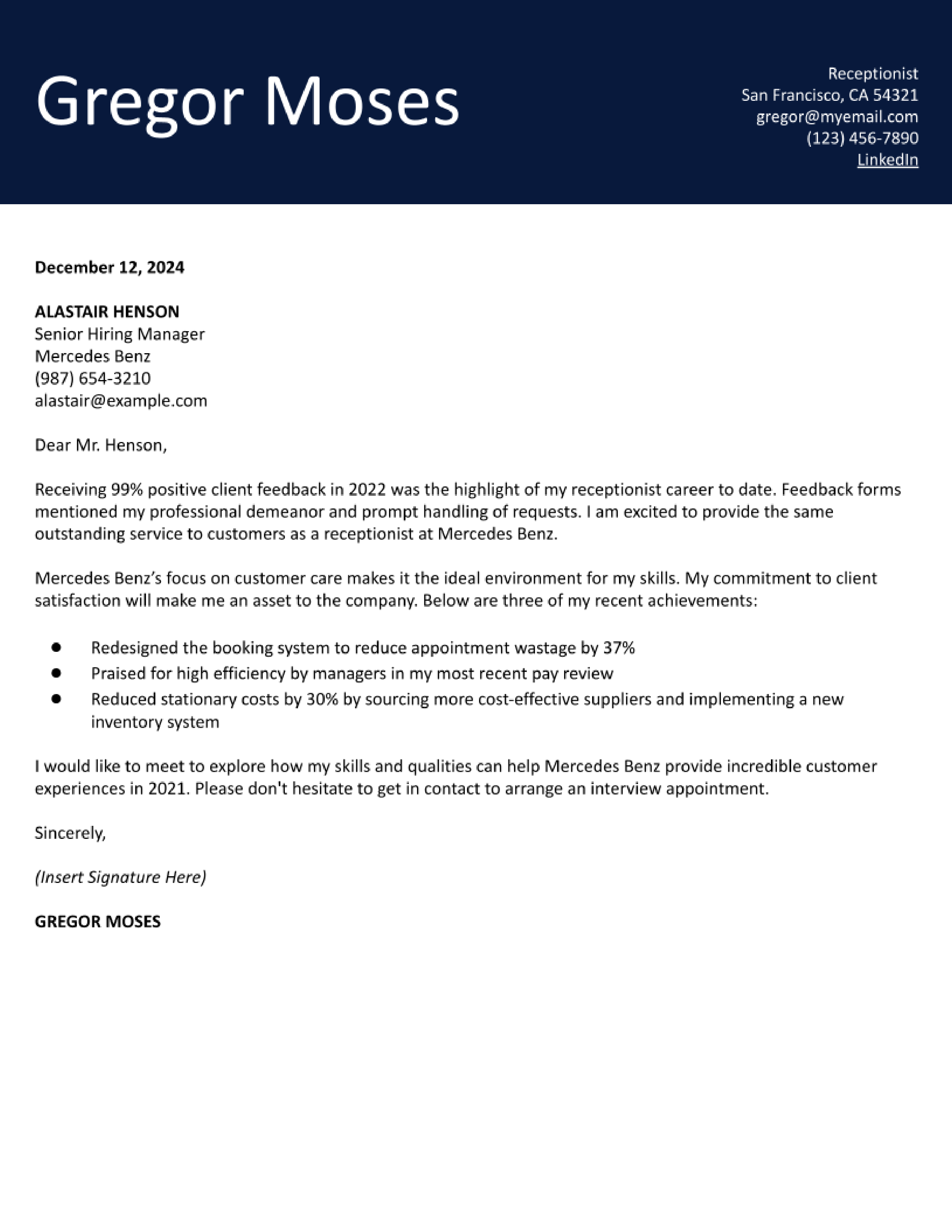 Receptionist Cover Letter Examples and Templates for 2024 ...