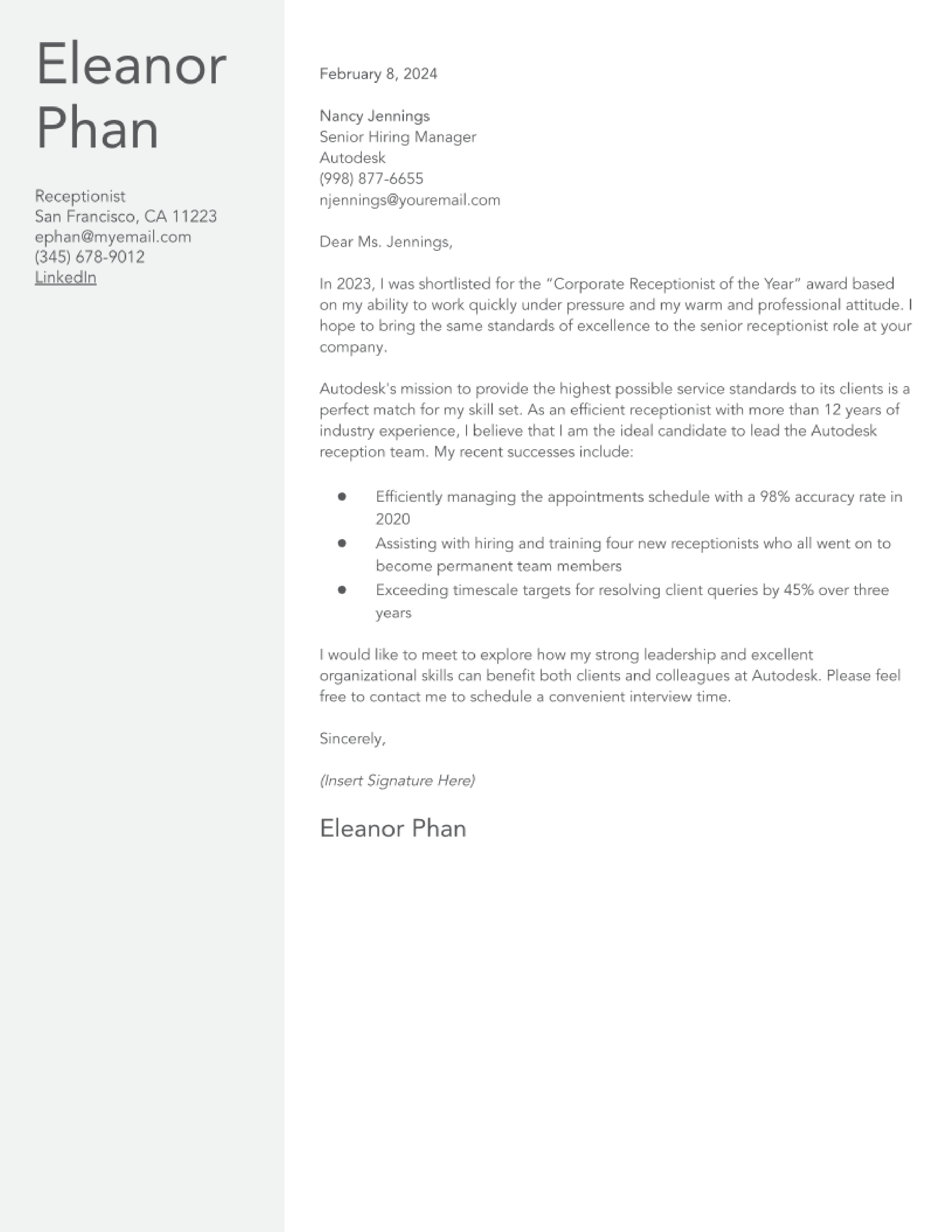 Receptionist Cover Letter Examples and Templates for 2024 ...