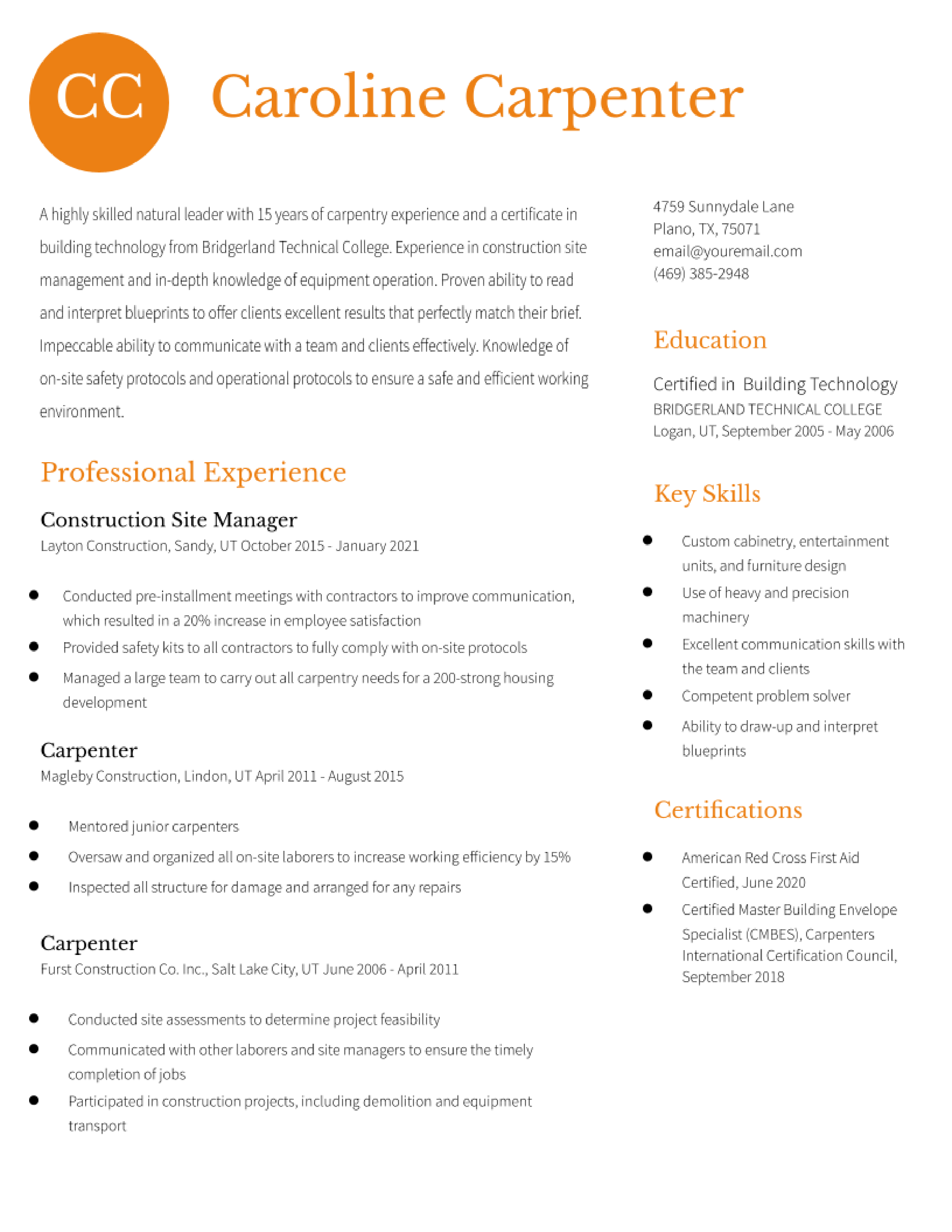 Carpenter Resume Examples and Templates for 2024 - ResumeBuilder.com