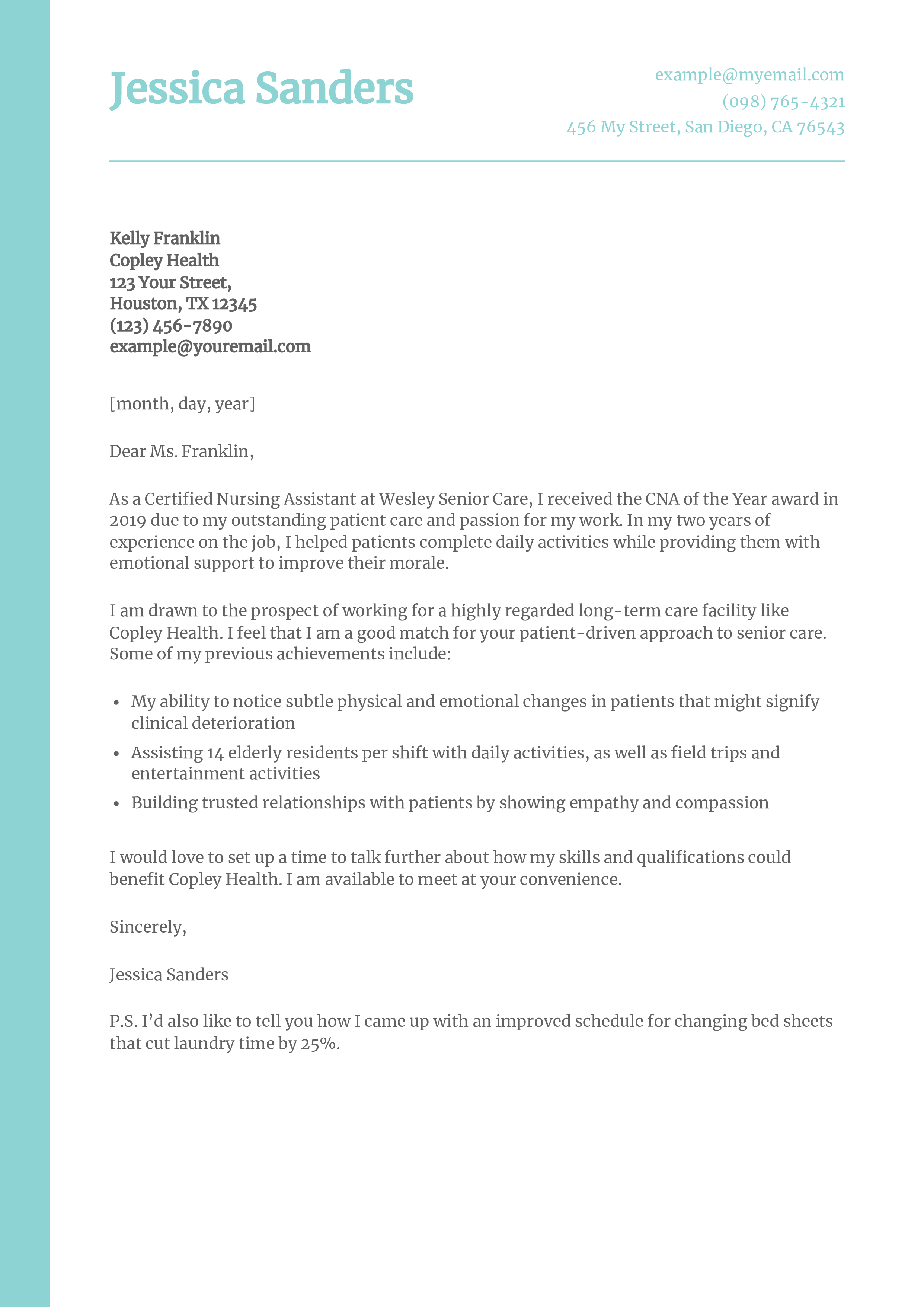 Certified Nursing Assistant Cover Letter Examples and Templates for ...