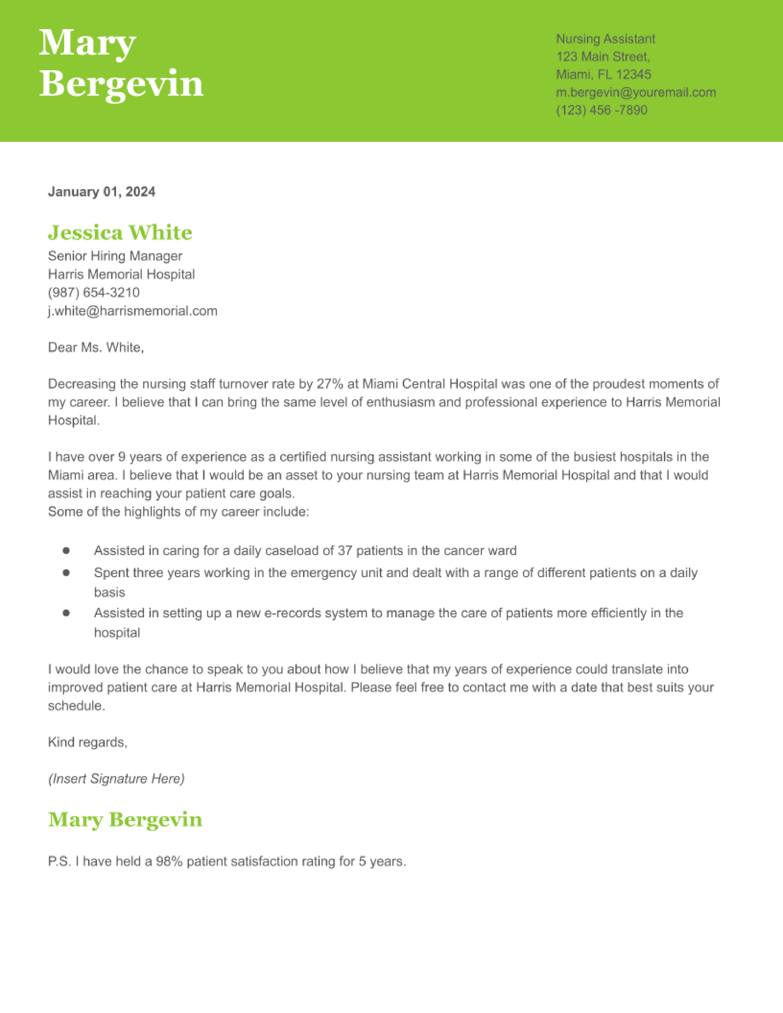 Certified Nursing Assistant Cover Letter Examples and Templates for ...