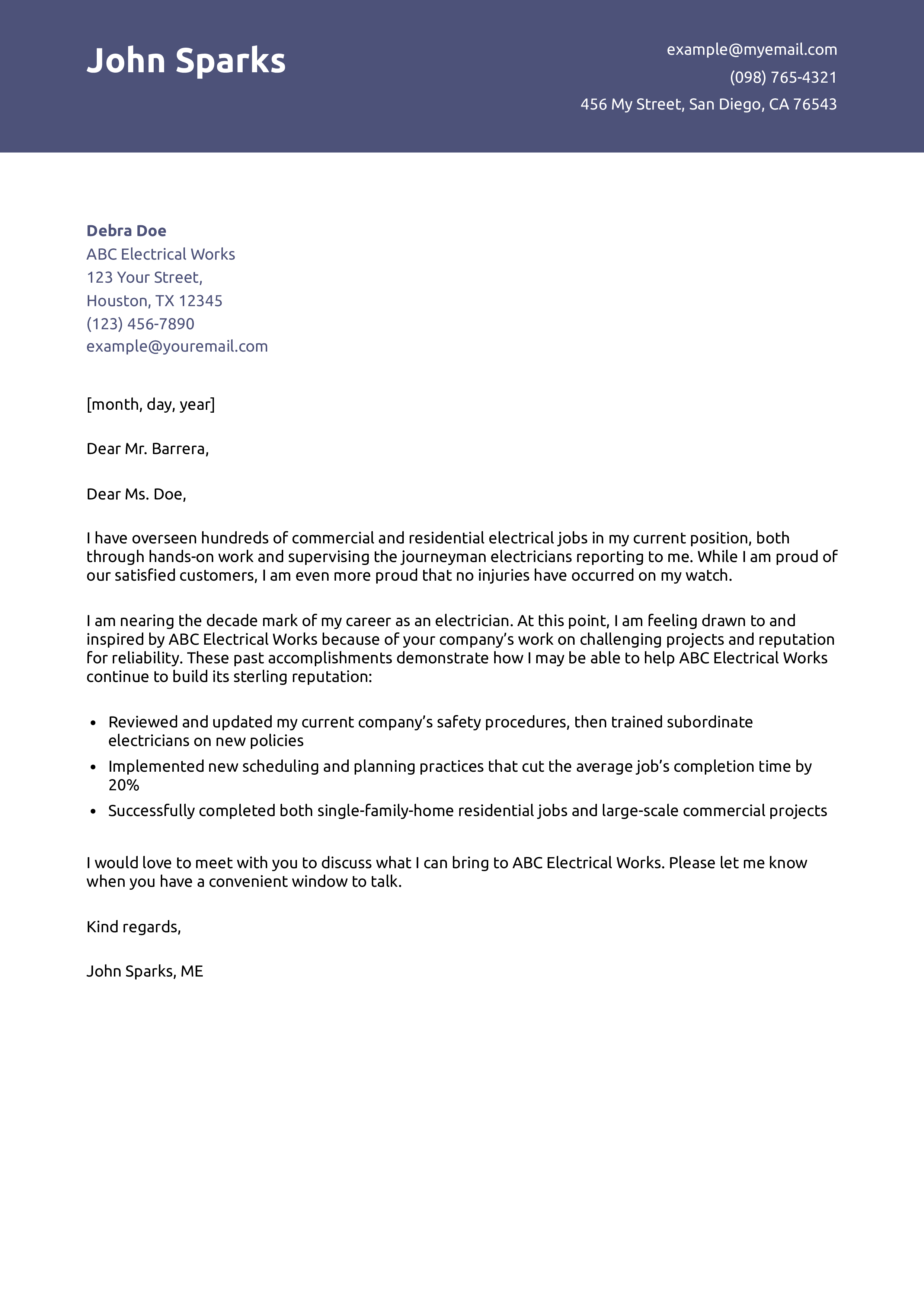 Electrician Cover Letter Examples and Templates for 2024 ...