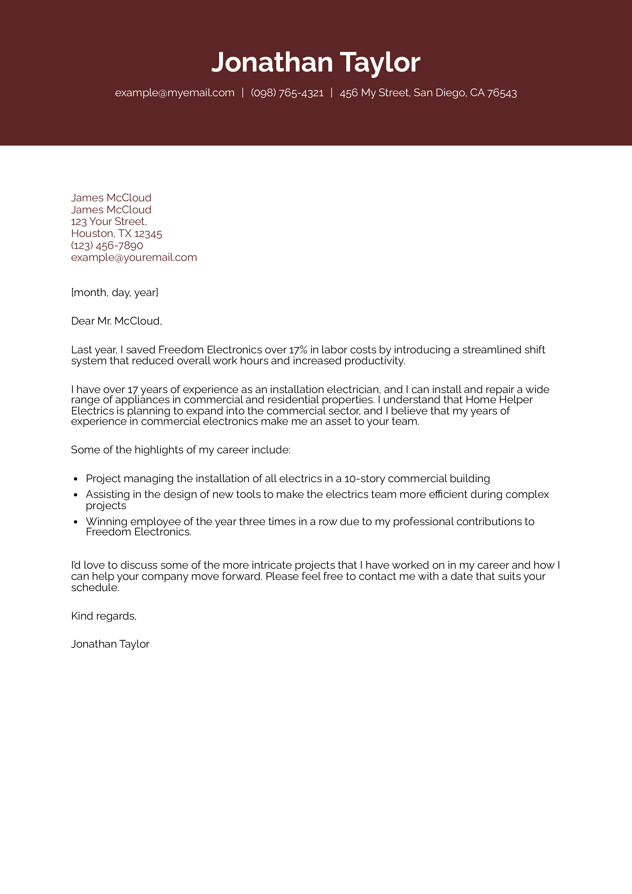 Electrician Cover Letter Examples and Templates for 2024 ...