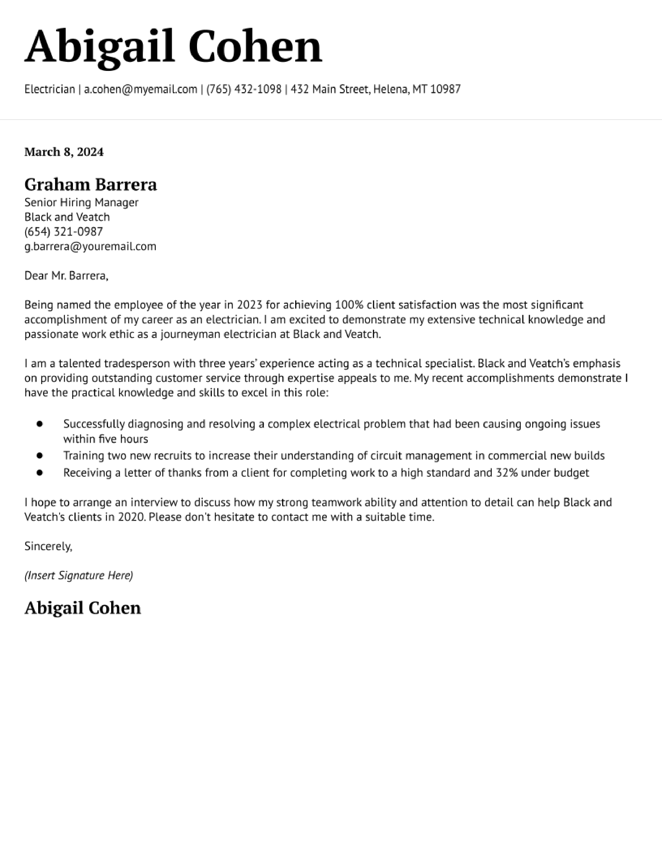 Electrician Cover Letter Examples and Templates for 2024 ...