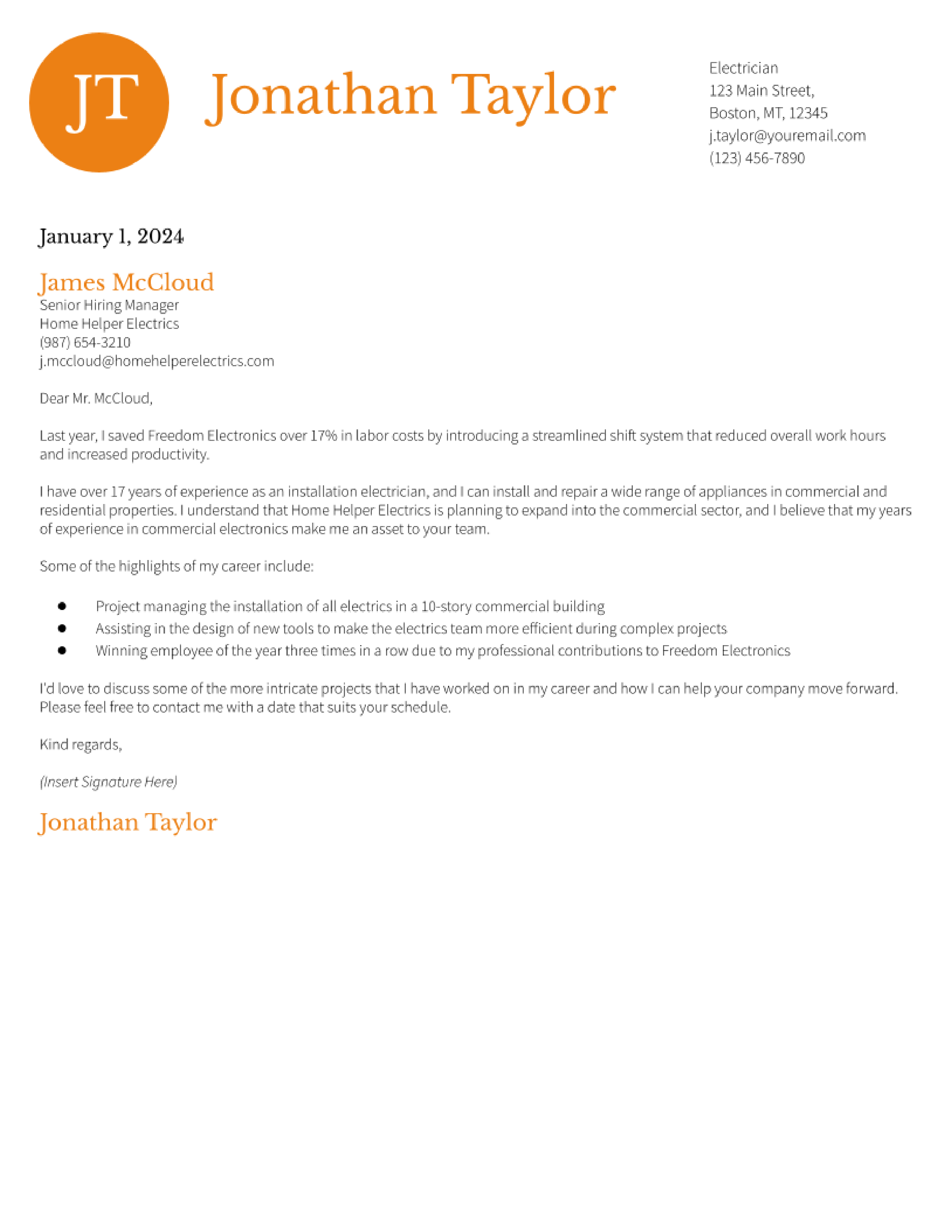 Electrician Cover Letter Examples and Templates for 2024 ...
