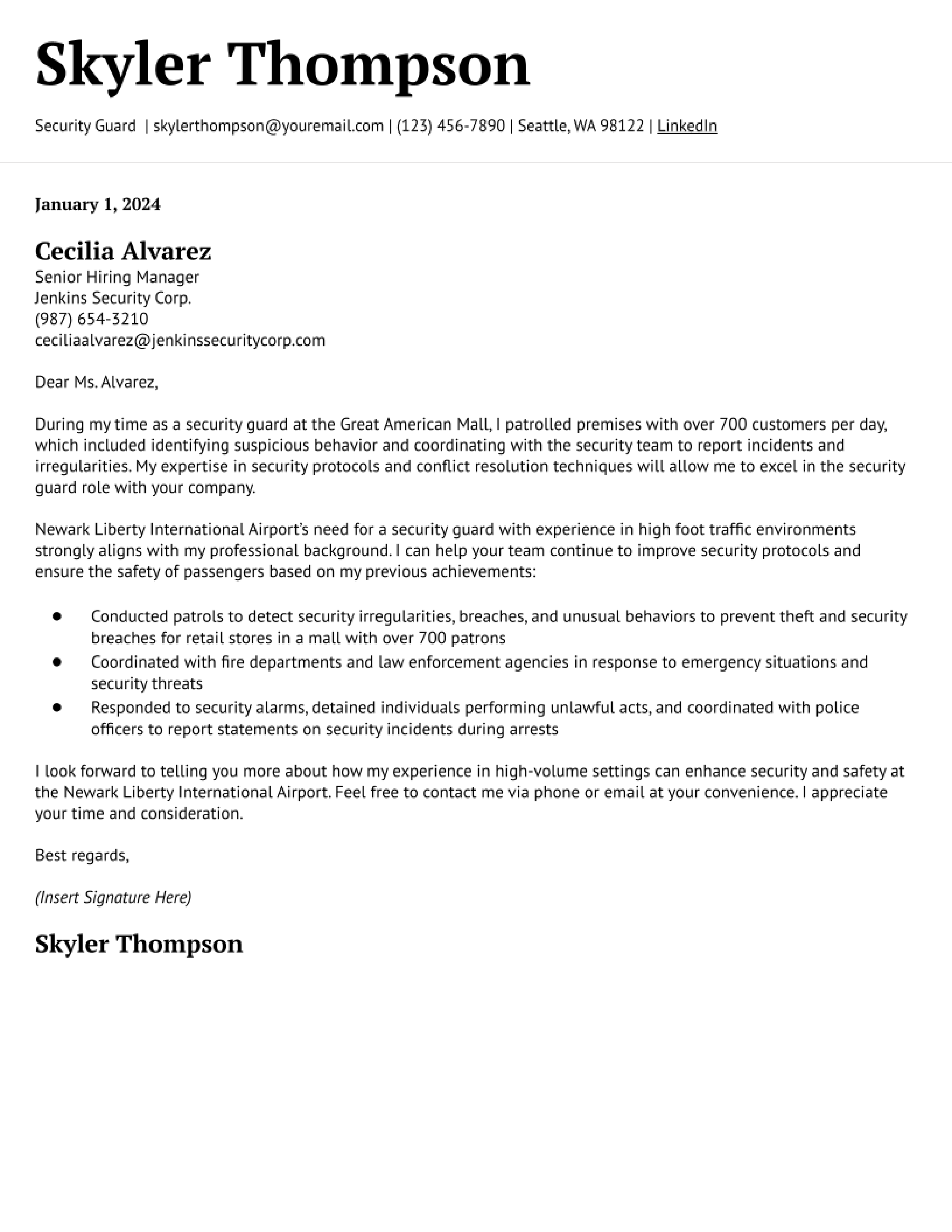 Security Guard Cover Letter Examples and Templates for 2024 ...