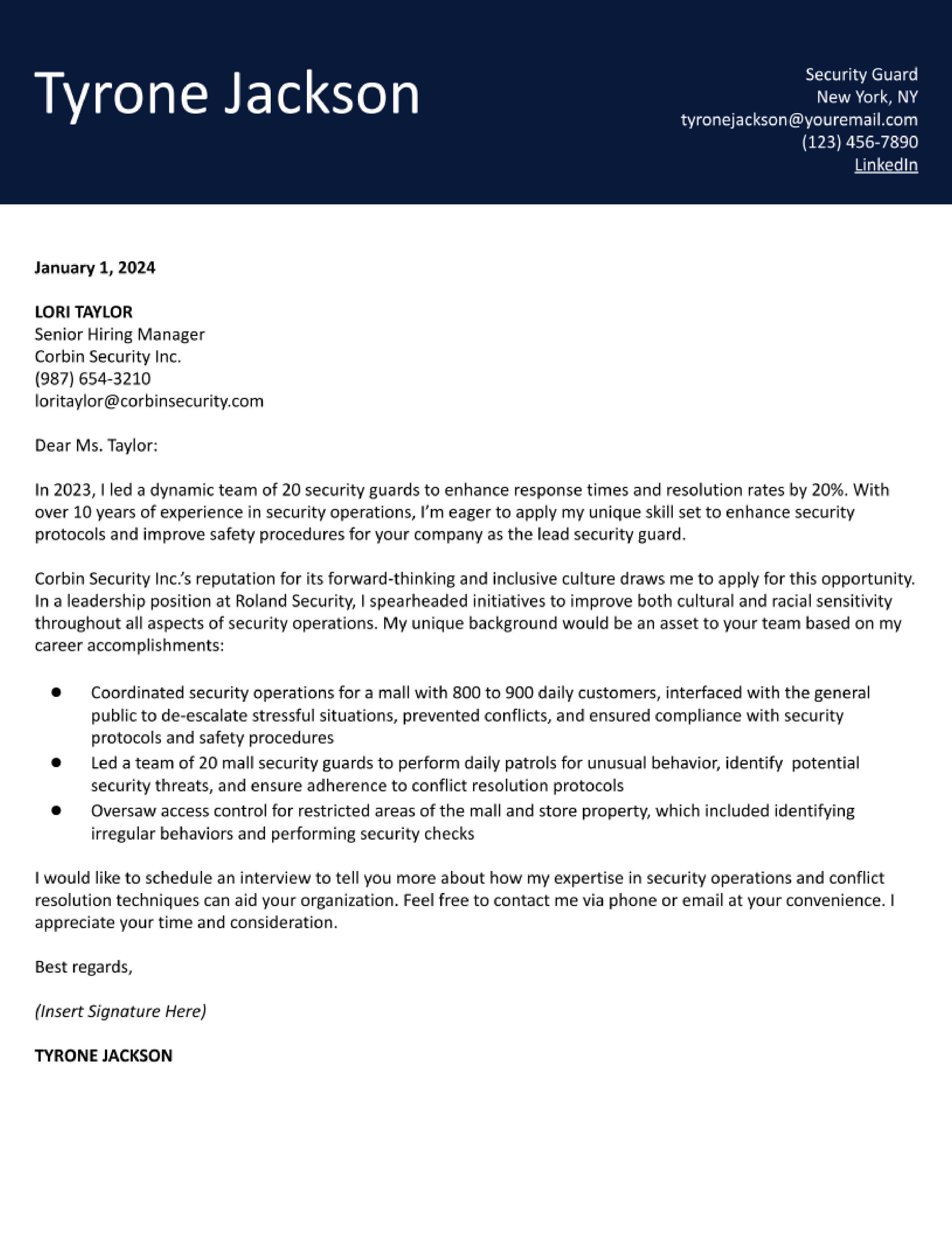 Security Guard Cover Letter Examples and Templates for 2024 ...