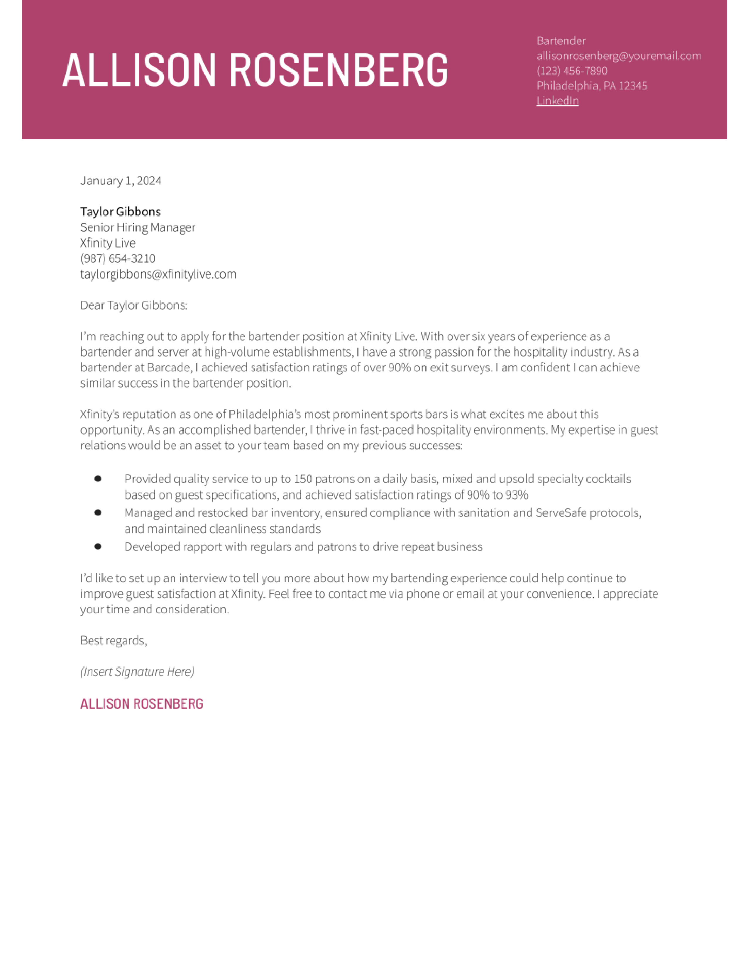 Bartender Cover Letter Examples and Templates for 2024 - ResumeBuilder.com