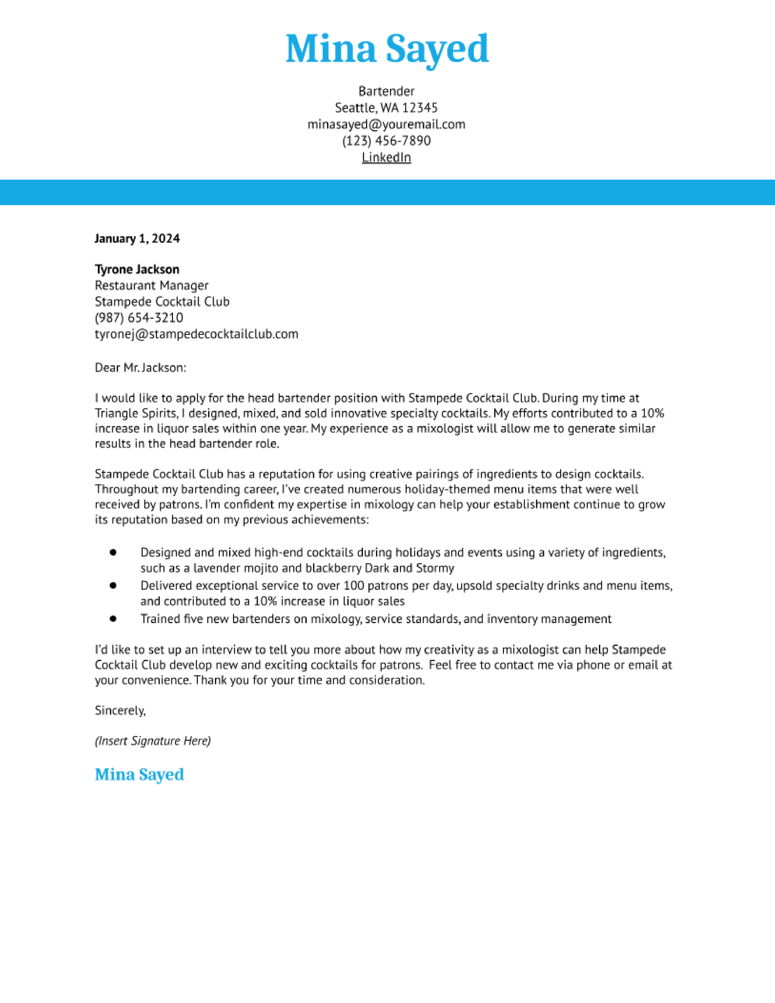 Bartender Cover Letter Examples and Templates for 2024 - ResumeBuilder.com