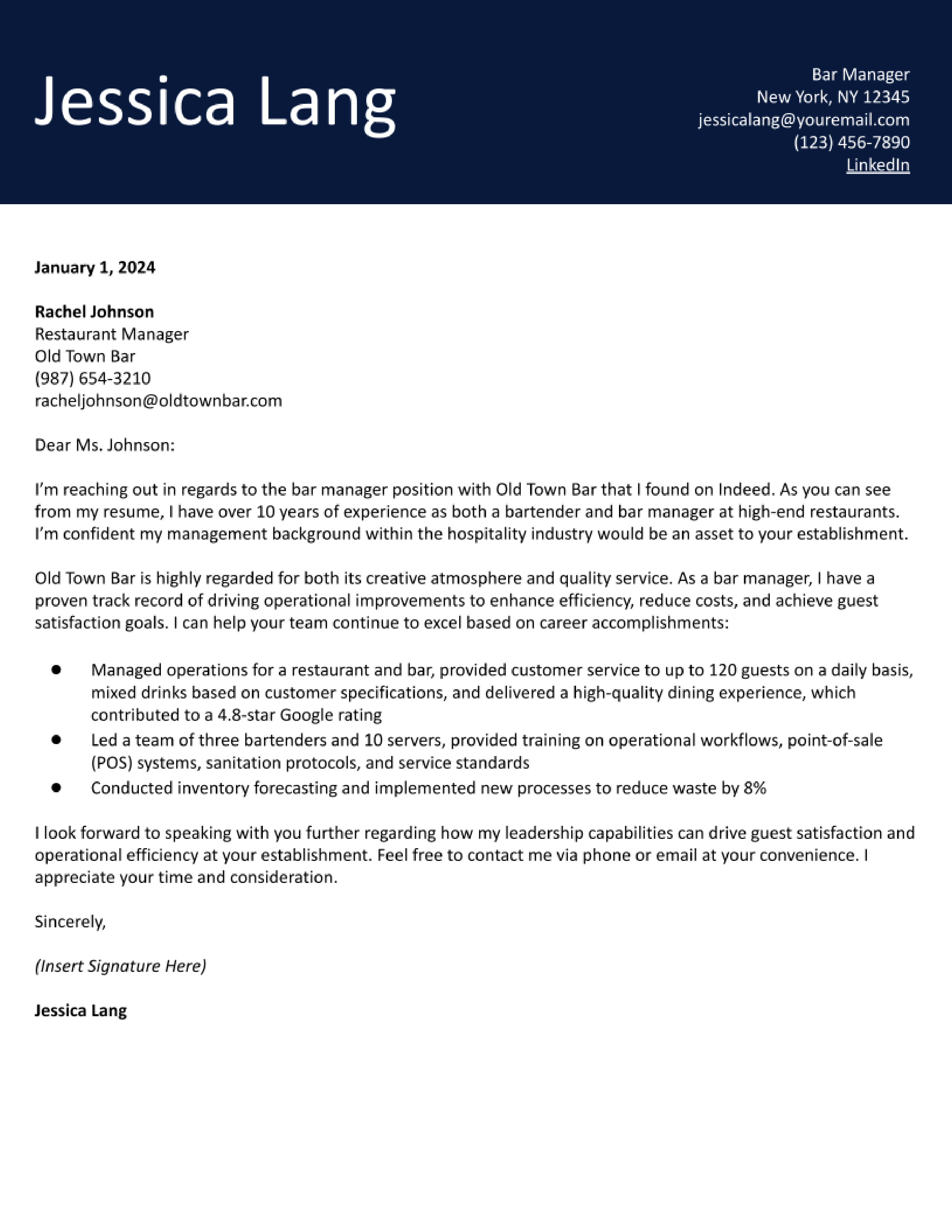 Bartender Cover Letter Examples and Templates for 2024 - ResumeBuilder.com