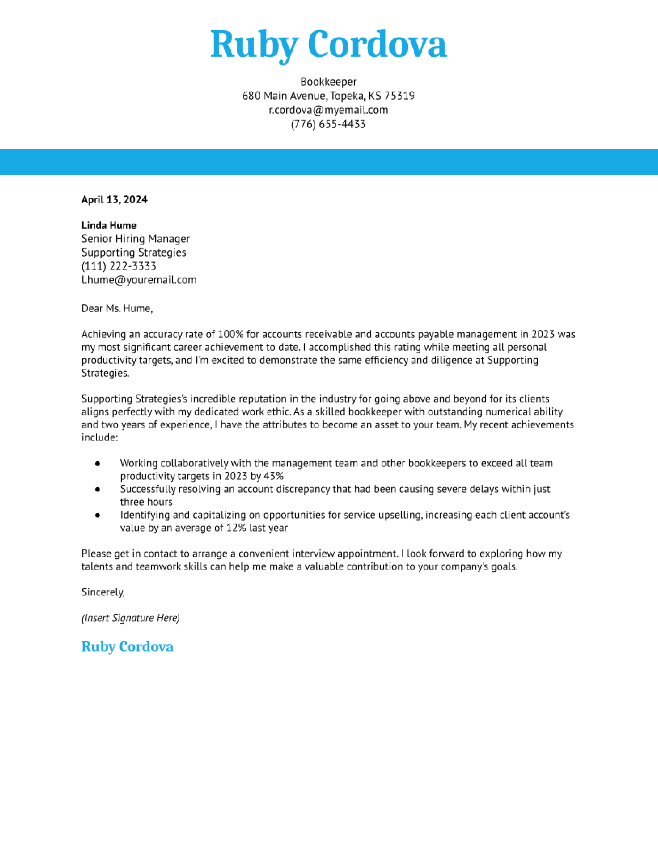 Bookkeeper Cover Letter Examples and Templates for 2024 - ResumeBuilder.com