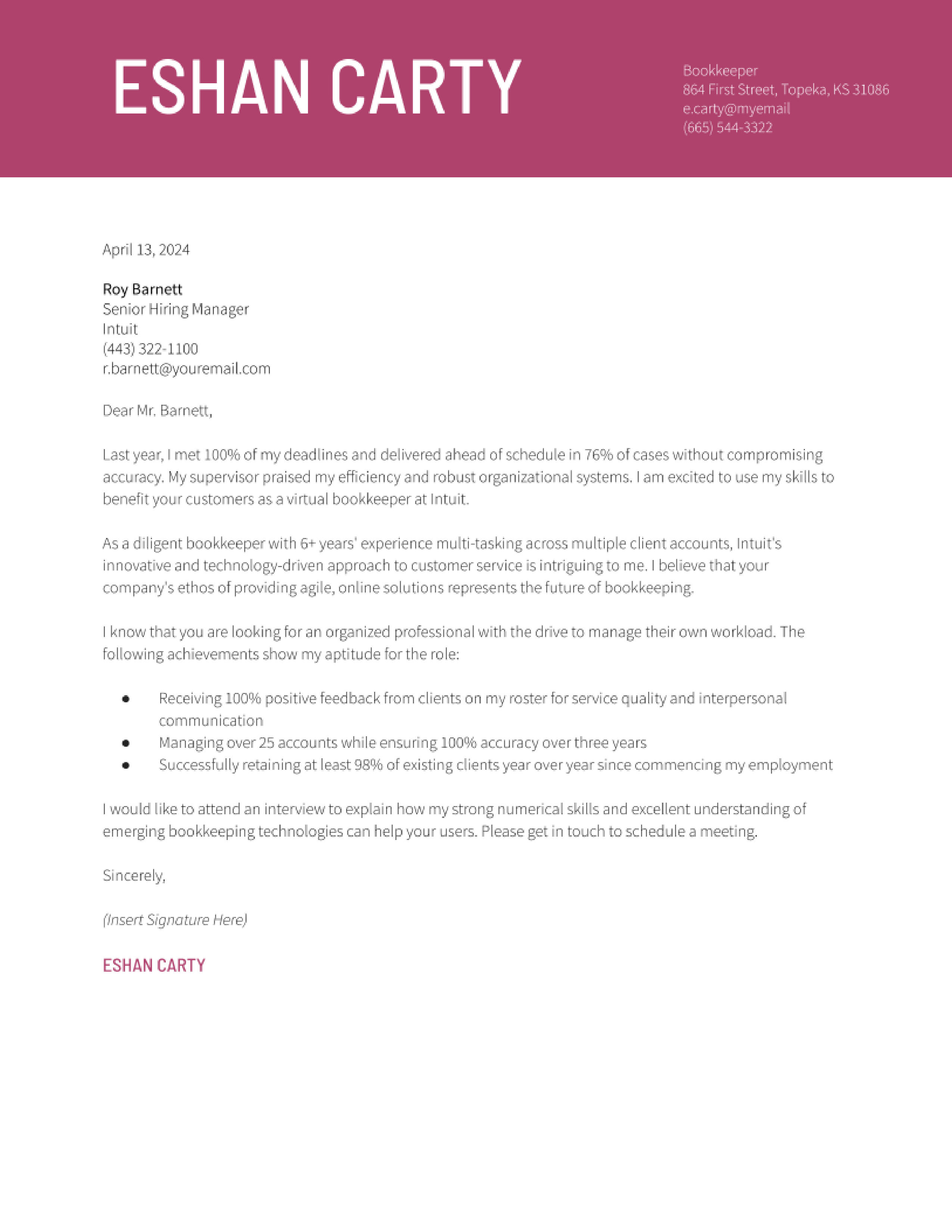 Bookkeeper Cover Letter Examples and Templates for 2024 - ResumeBuilder.com