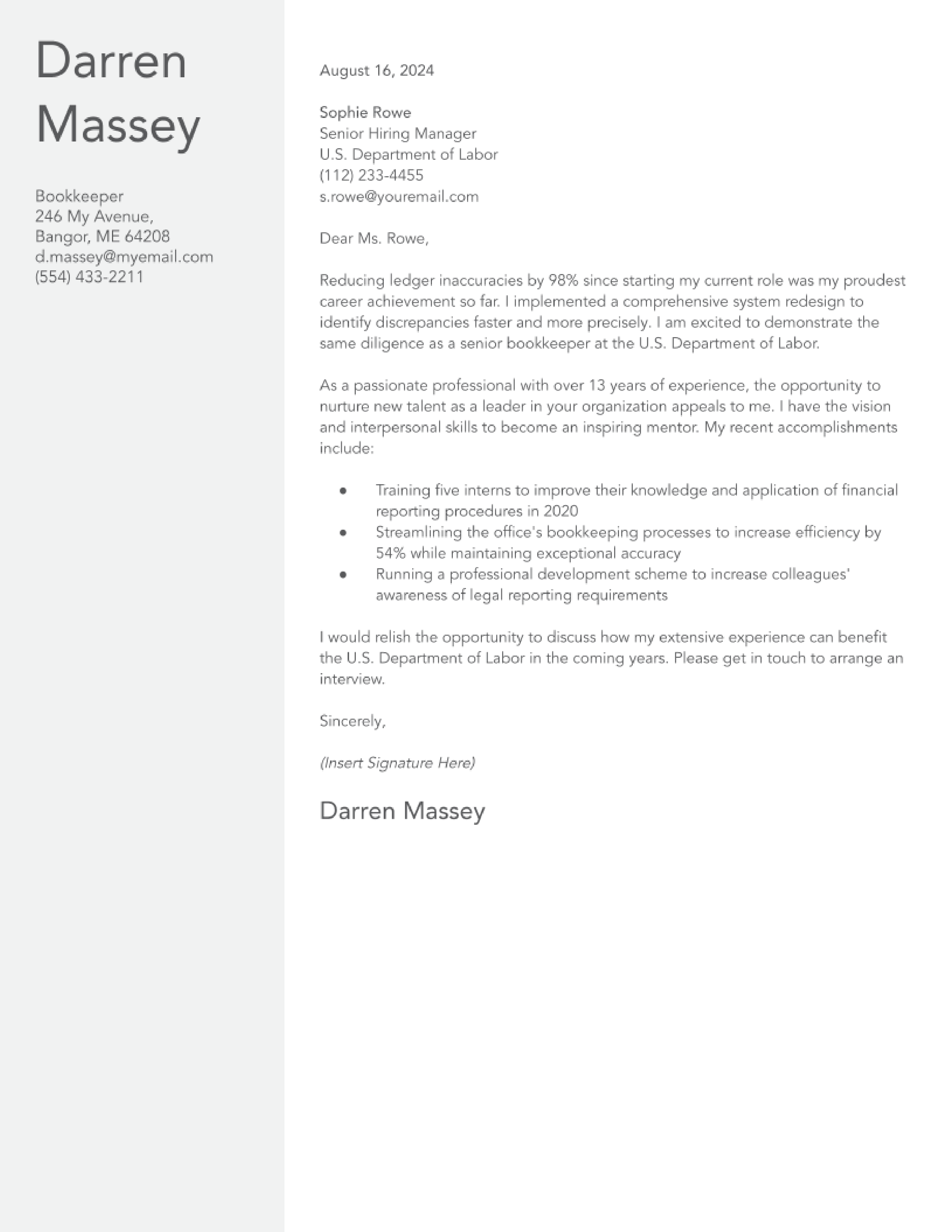 Bookkeeper Cover Letter Examples and Templates for 2024 - ResumeBuilder.com