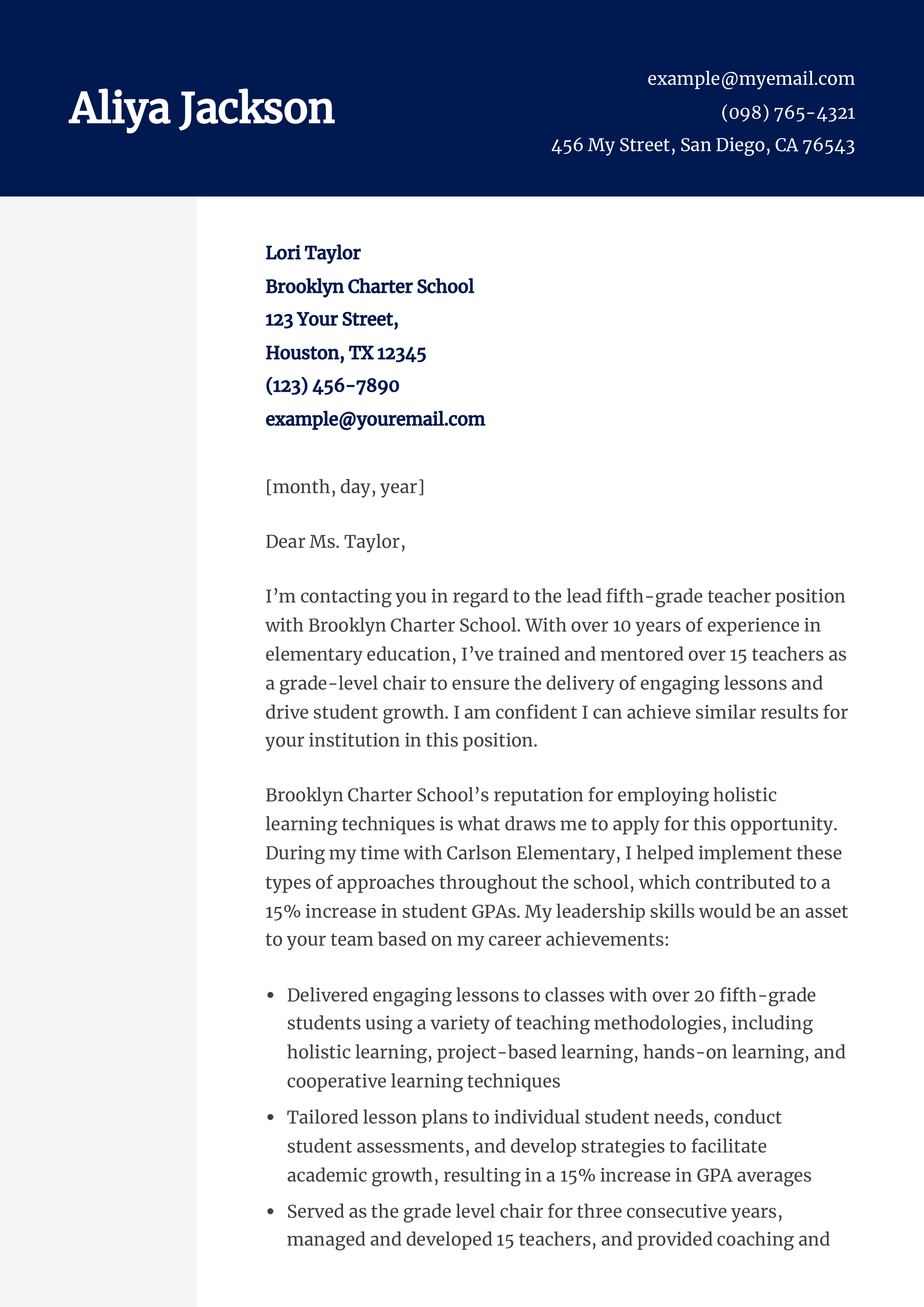 Elementary Teacher Cover Letter Examples and Templates for 2024 ...