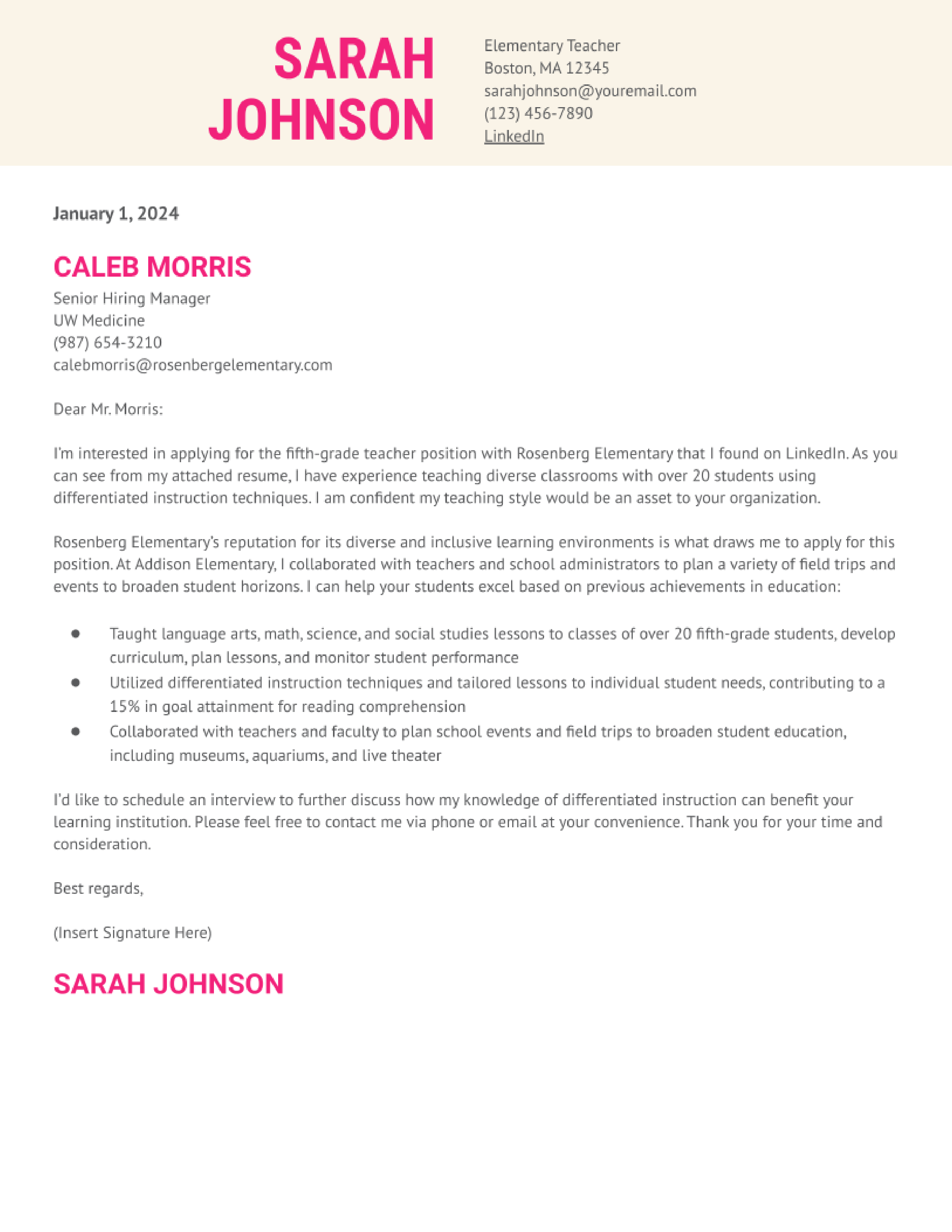 Elementary Teacher Cover Letter Examples and Templates for 2024 ...
