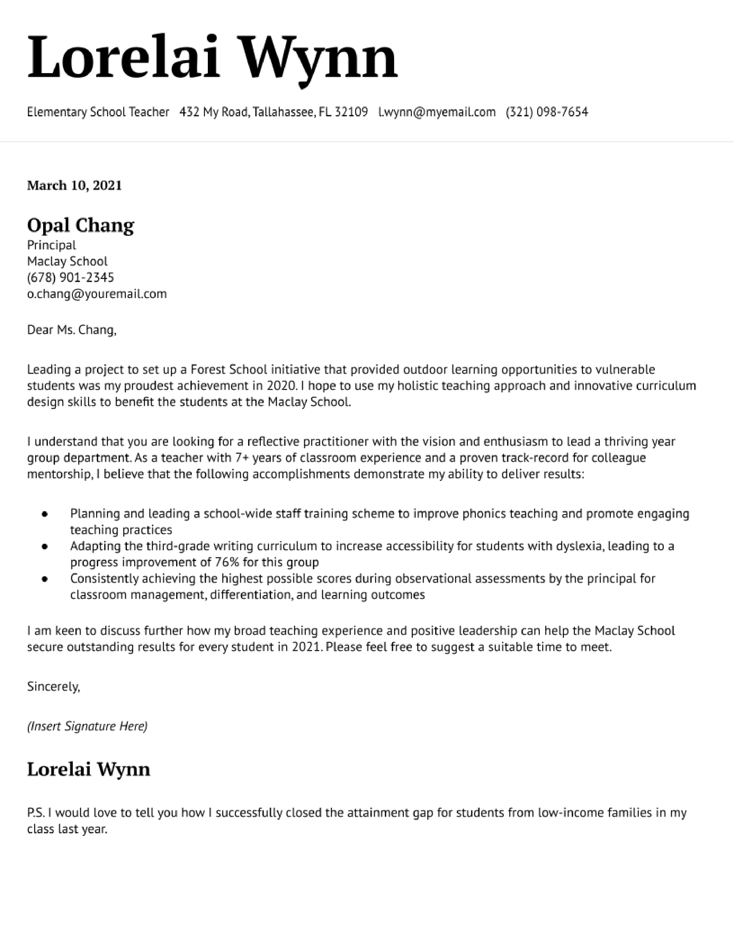 Elementary Education Cover Letter