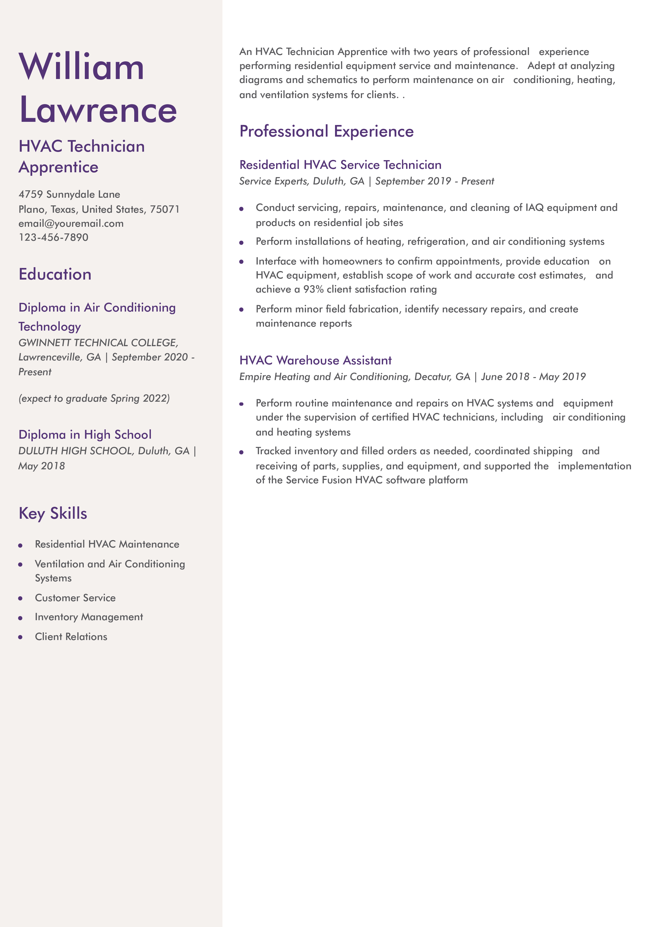 Heating, Ventilation, and Air Conditioning Technician Resume Examples ...