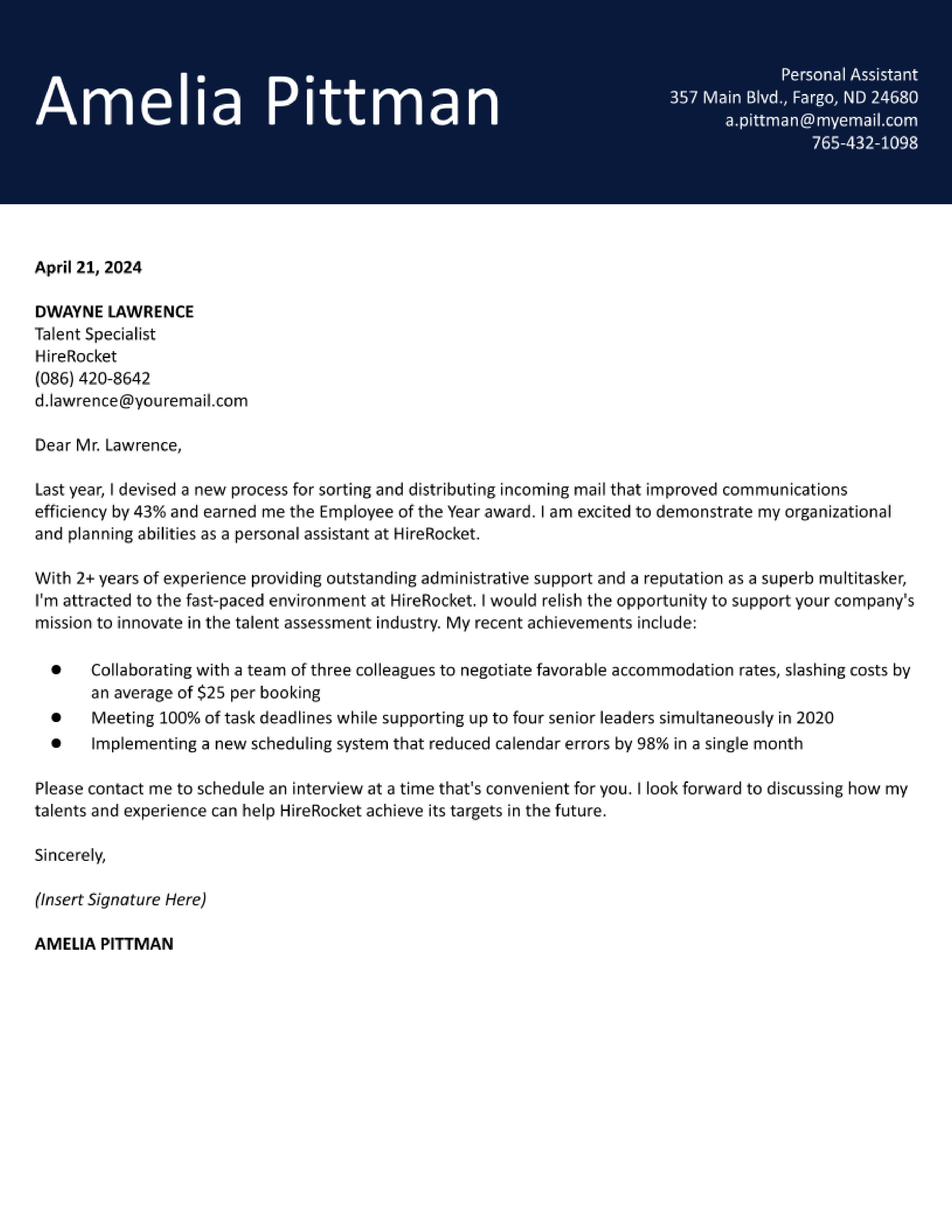 Personal Assistant Cover Letter Examples and Templates for 2024 ...