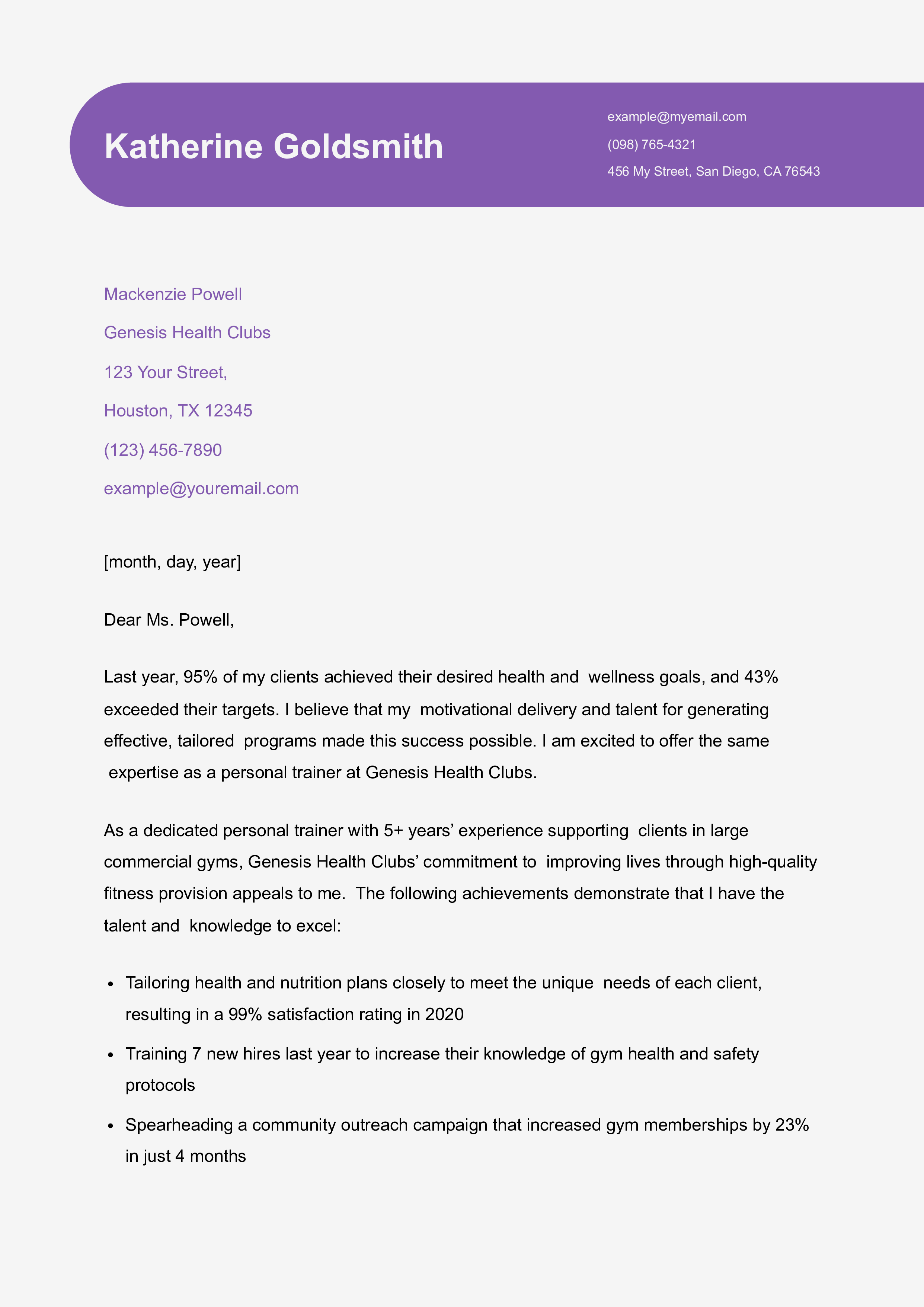 Personal Trainer Cover Letter Examples and Templates for 2024 ...