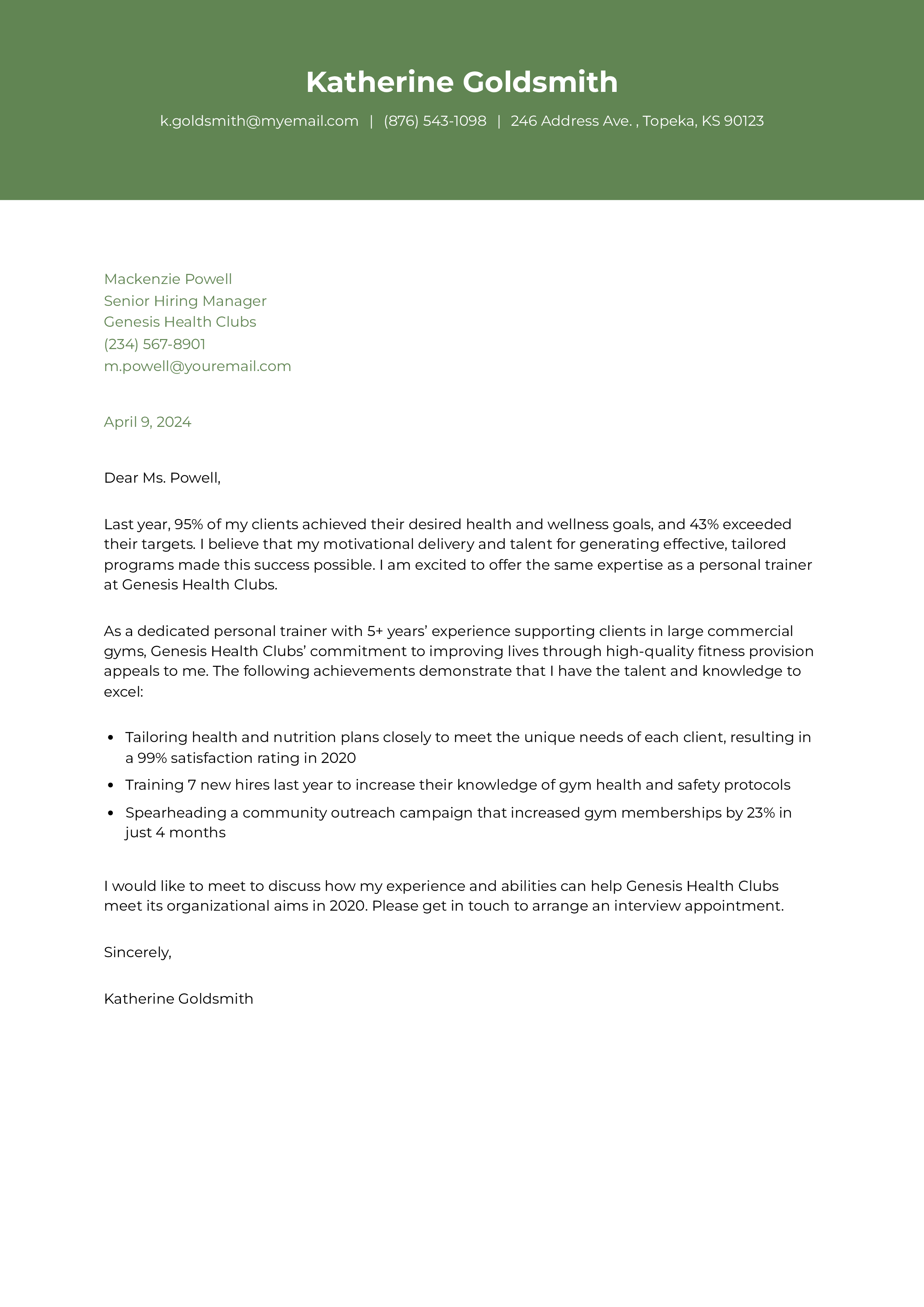 Personal Trainer Cover Letter Examples and Templates for 2024 ...