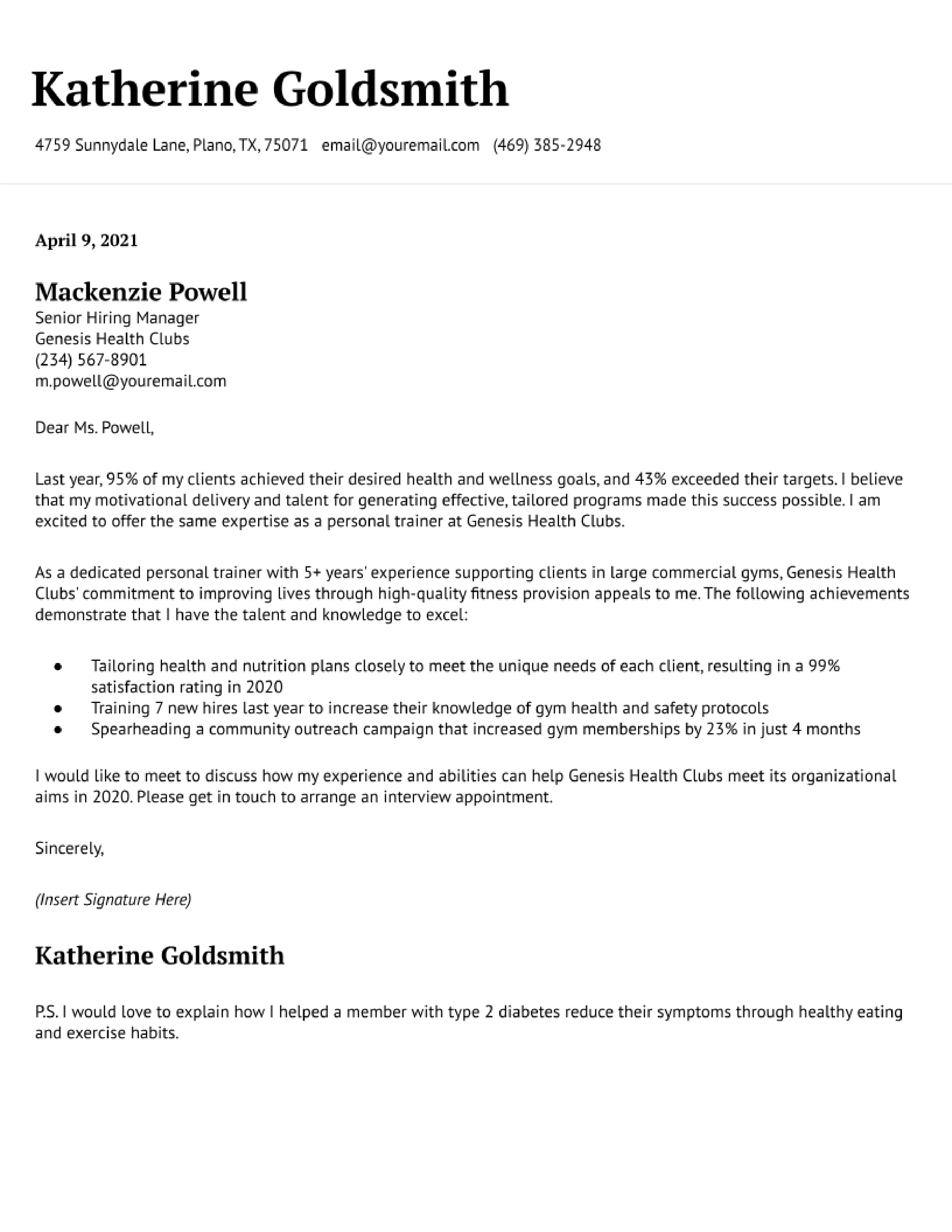 Personal Trainer Cover Letter Examples and Templates for 2024 ...