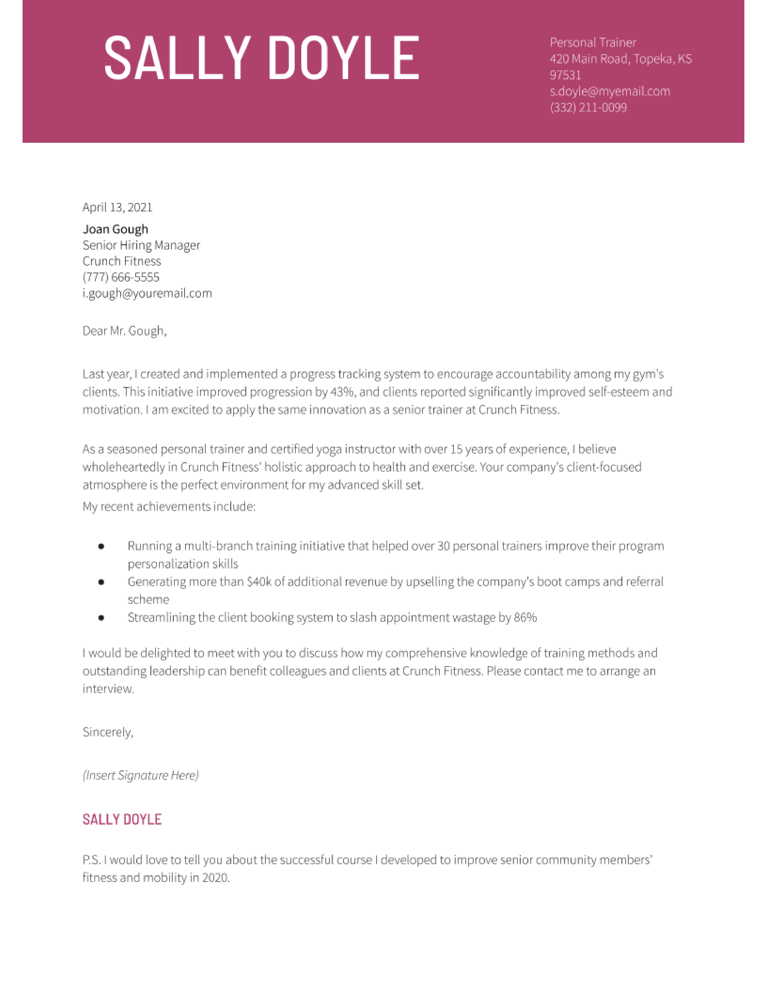 Personal Trainer Cover Letter Examples and Templates for 2024 ...