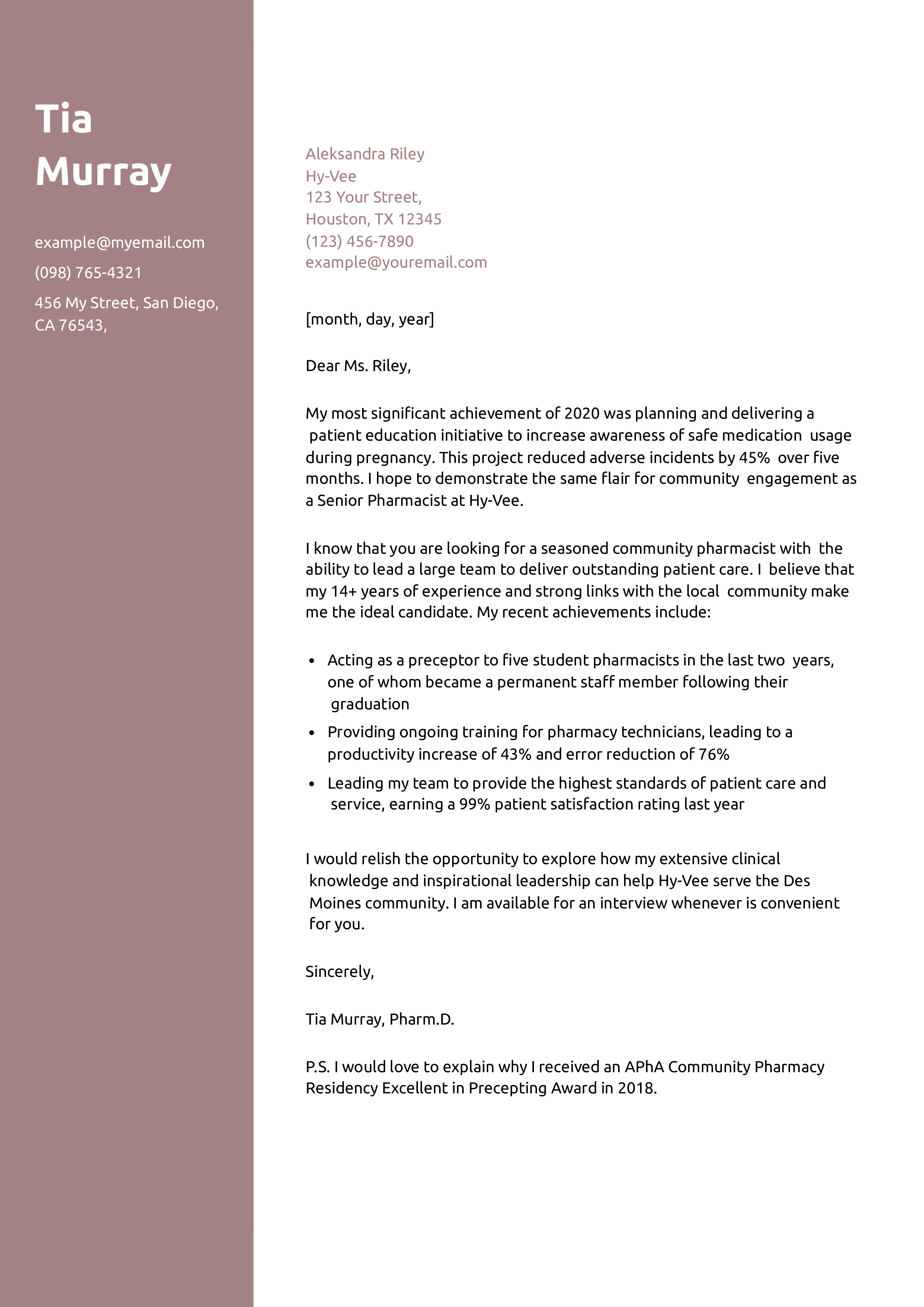 Pharmacist Cover Letter Examples and Templates for 2024 - ResumeBuilder.com