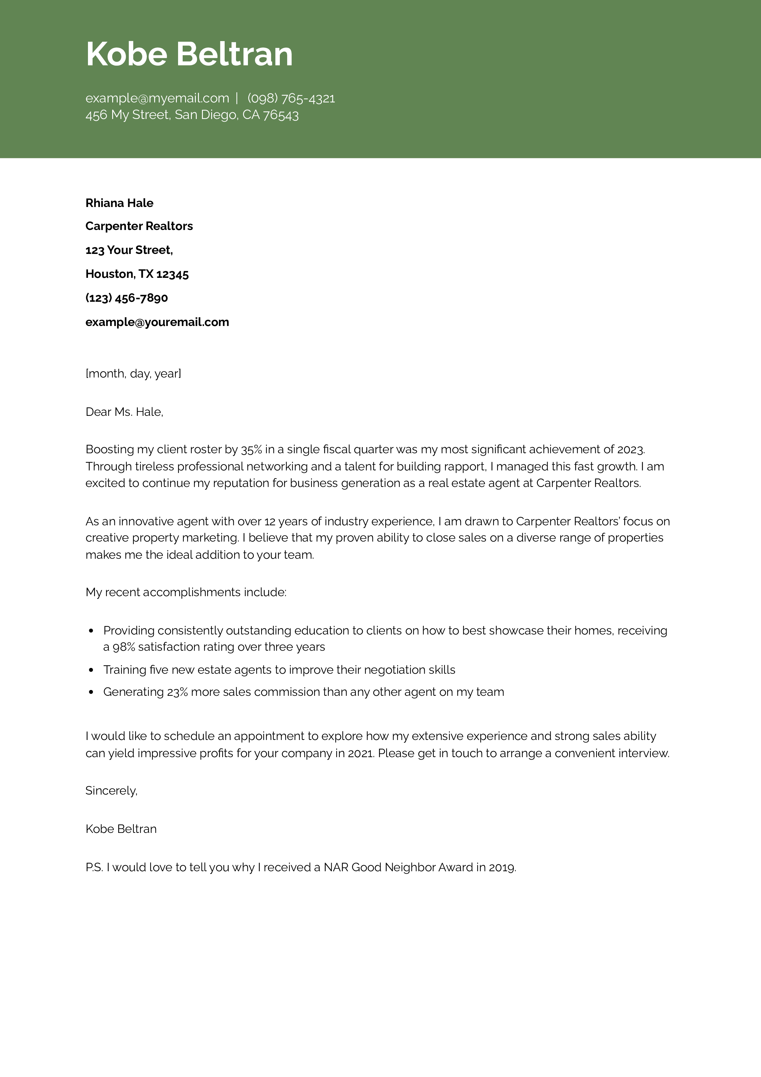 Real Estate Agent Cover Letter Examples and Templates for 2024 ...