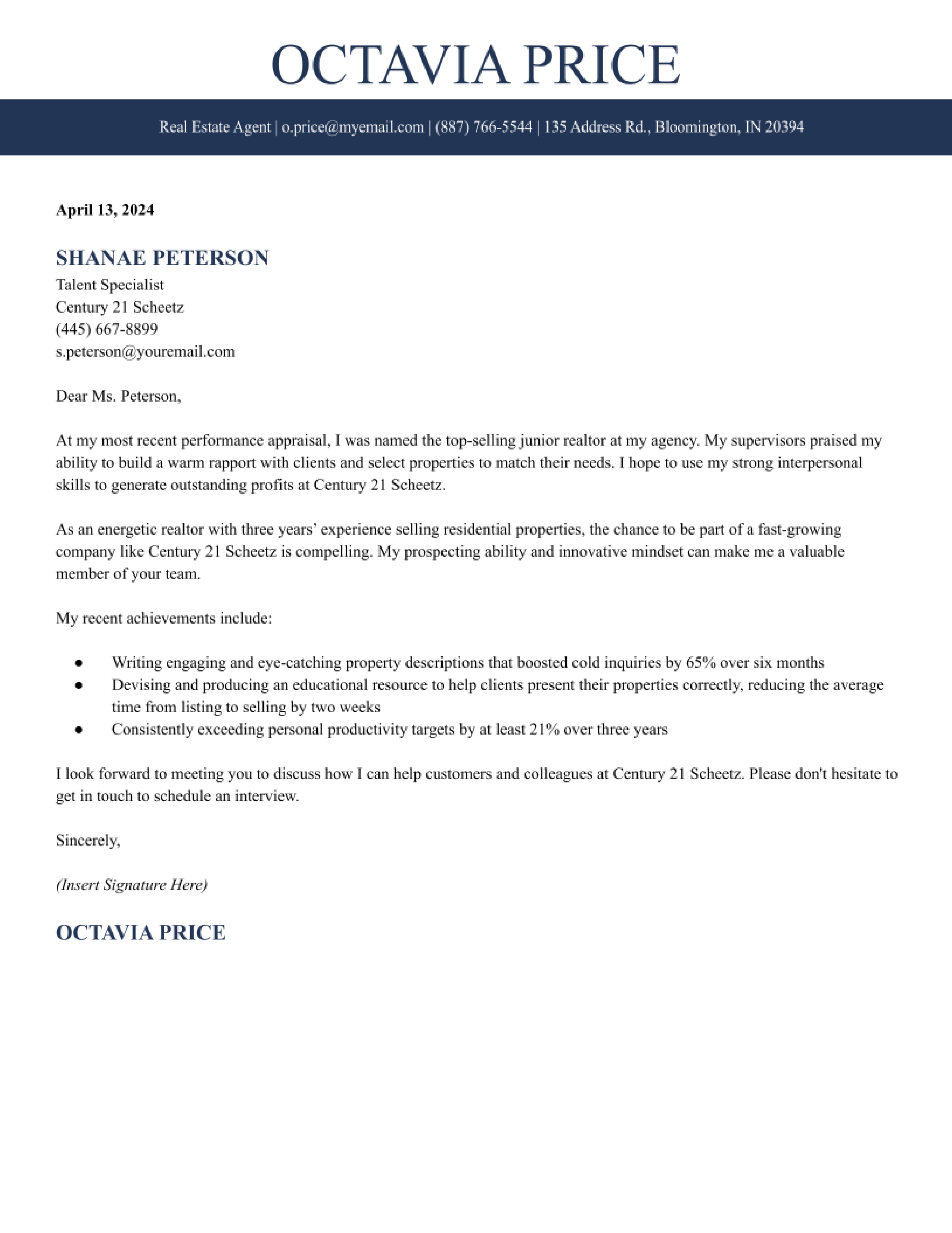 Real Estate Agent Cover Letter Examples and Templates for 2024 ...