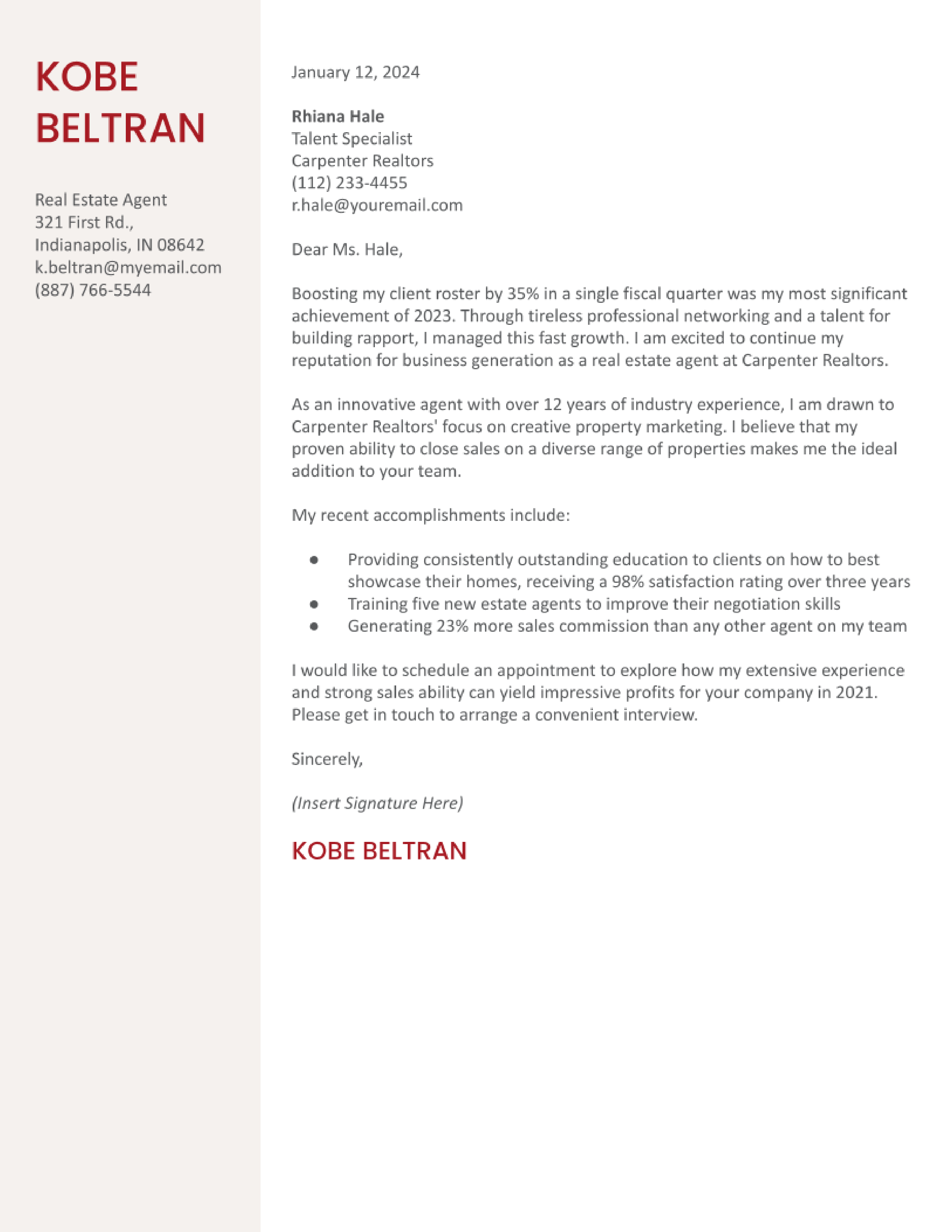 Real Estate Agent Cover Letter Examples and Templates for 2024 ...
