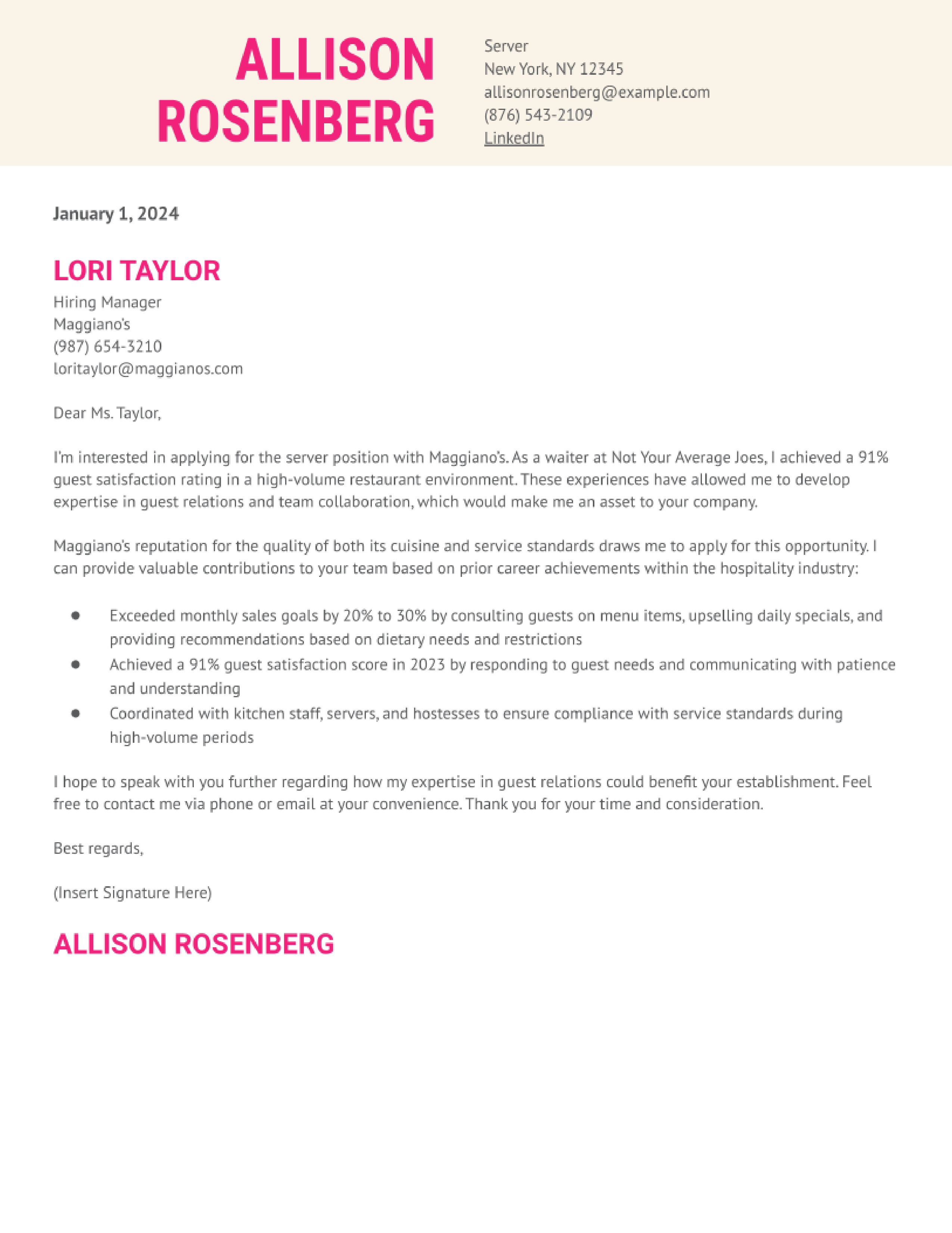 Server Cover Letter Examples and Templates for 2024 - ResumeBuilder.com