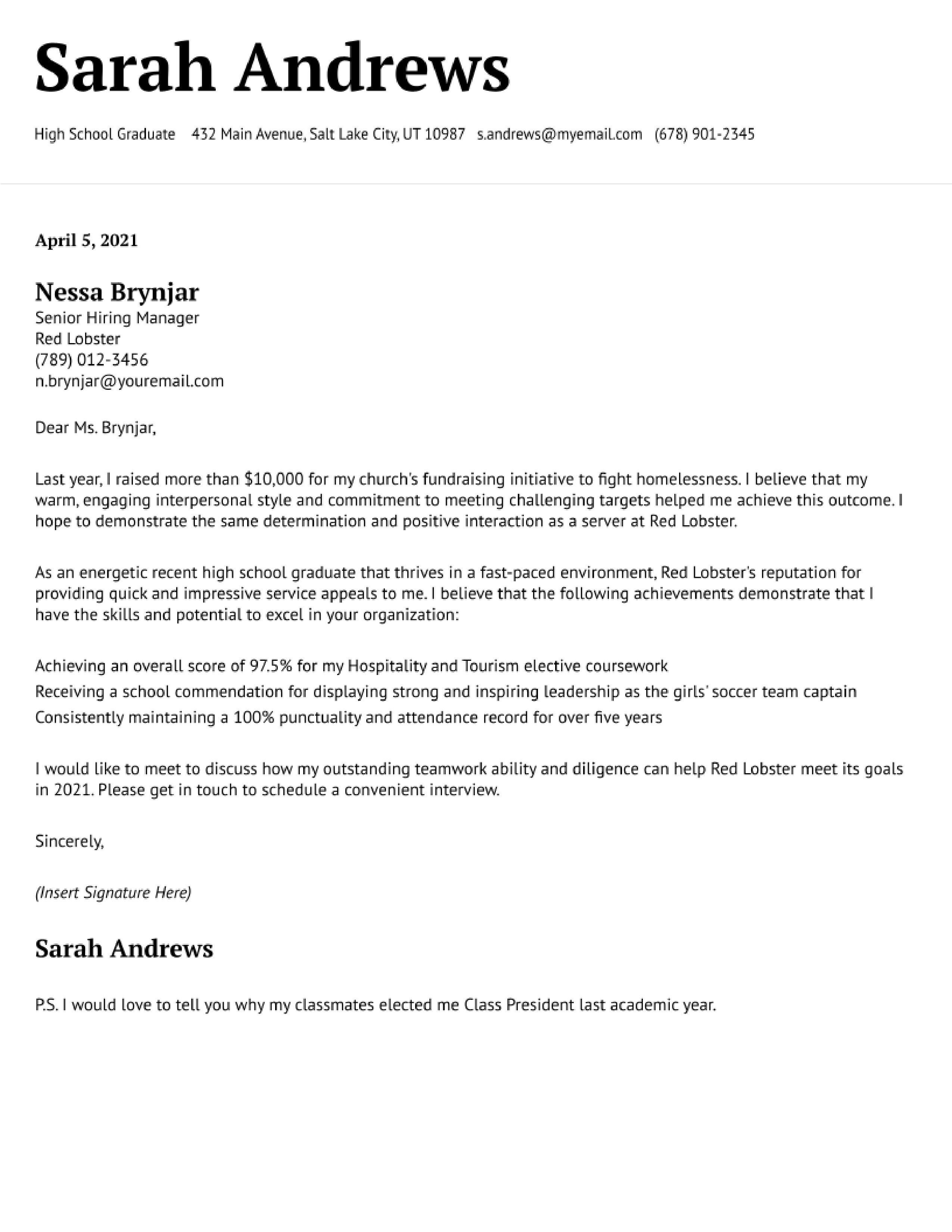 Waitress Cover Letter