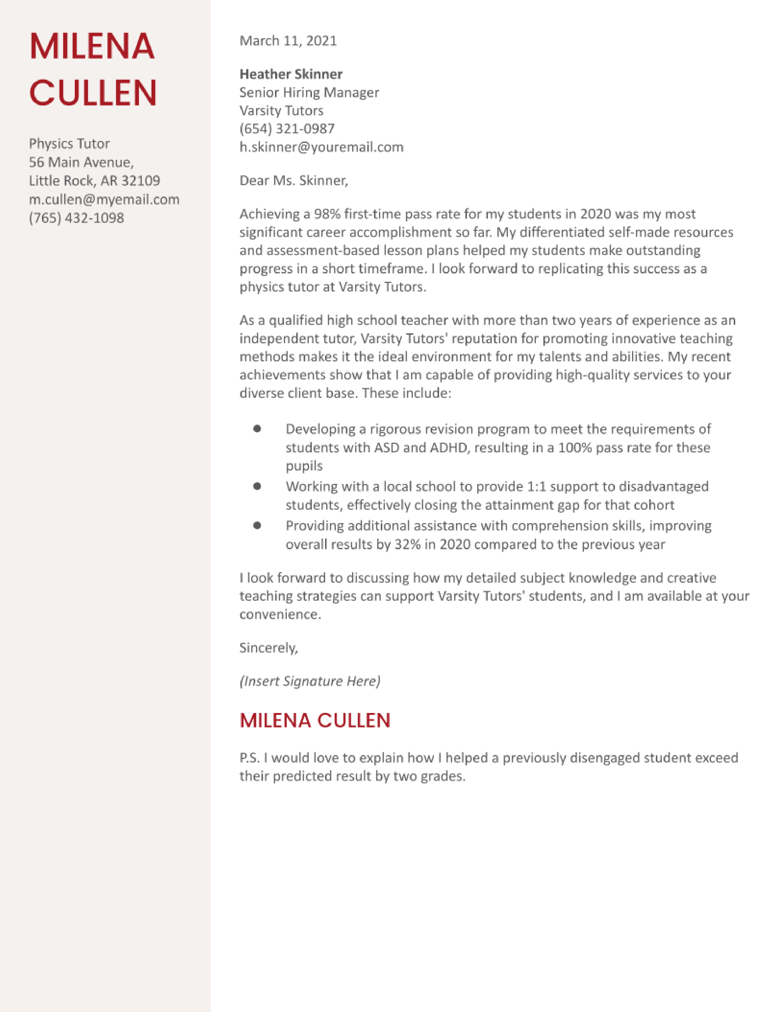 Tutor Cover Letter Examples and Templates for 2024 - ResumeBuilder.com