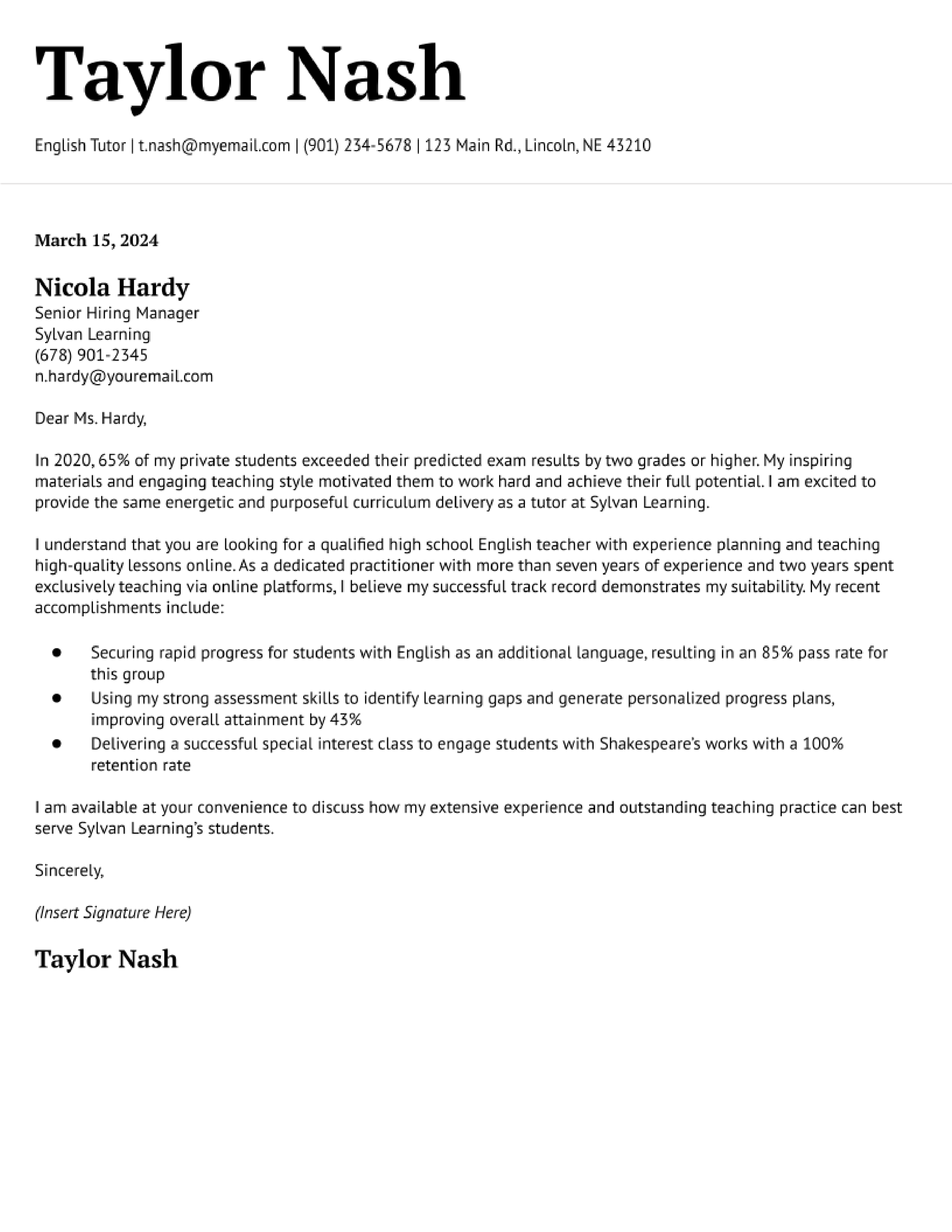 Tutor Cover Letter Examples and Templates for 2024 - ResumeBuilder.com