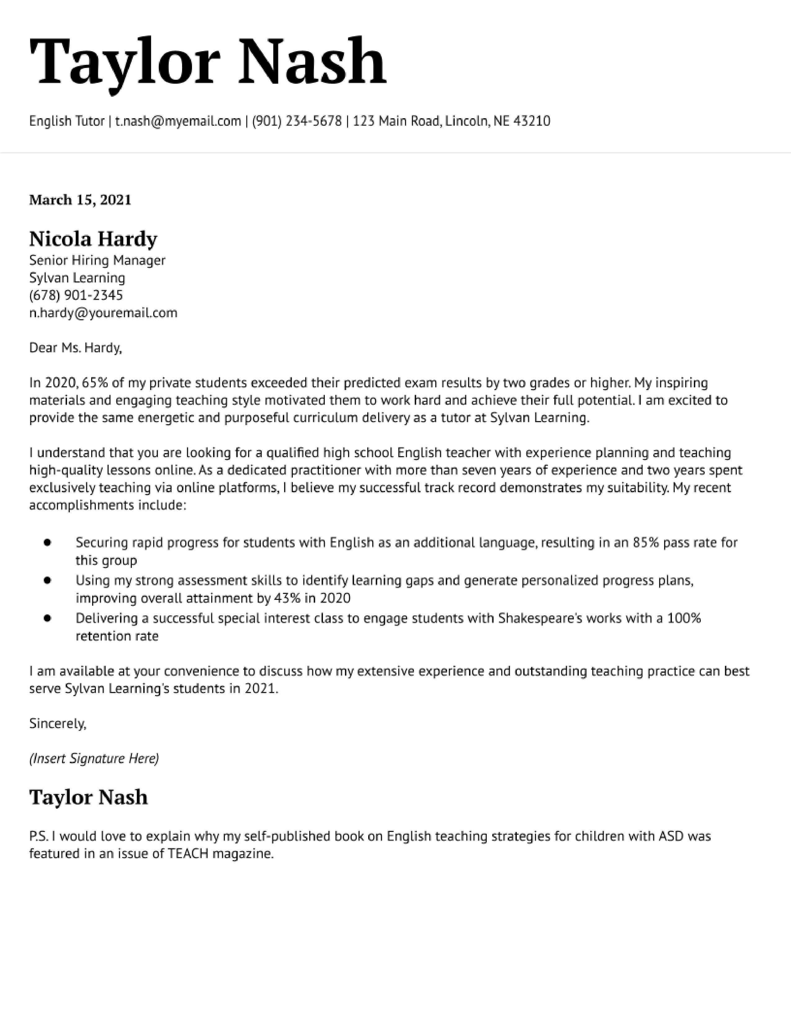 Tutor Cover Letter Examples and Templates for 2024 - ResumeBuilder.com