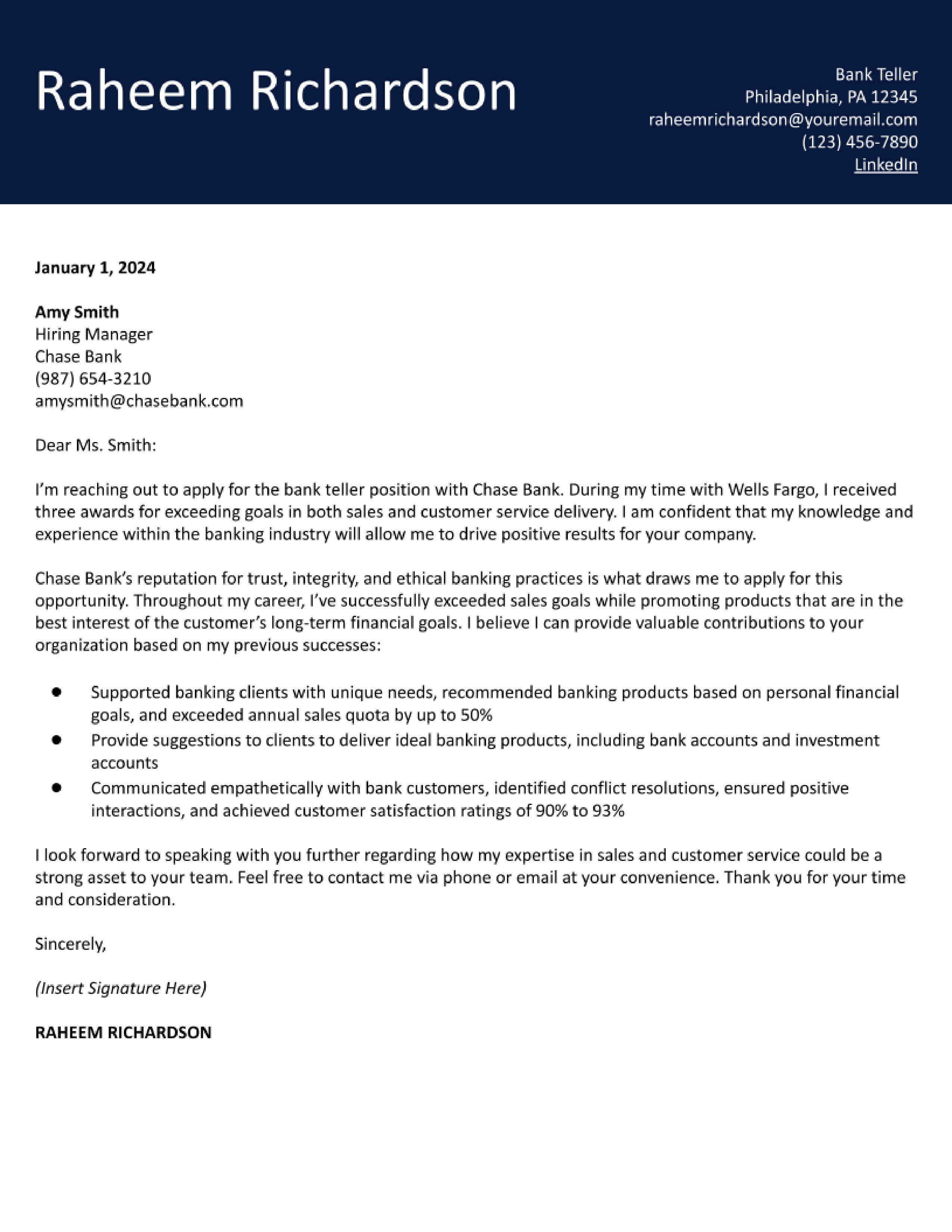 Bank Teller Cover Letter Examples and Templates for 2024 ...