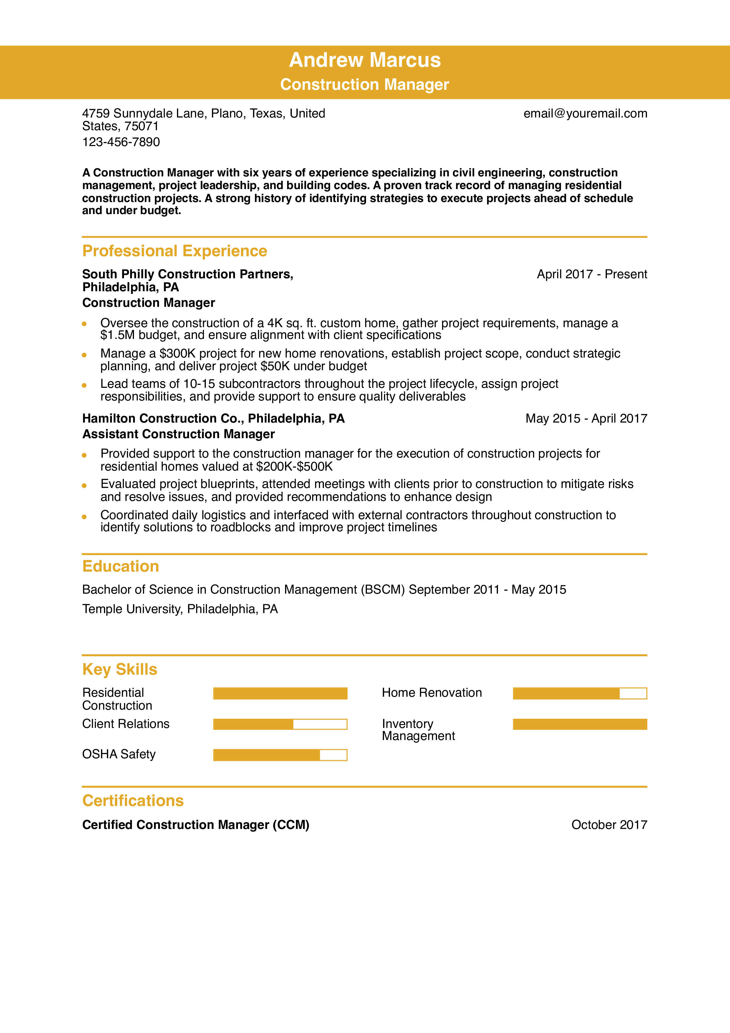 Construction Project Manager Resume Examples and Templates for 2024 ...
