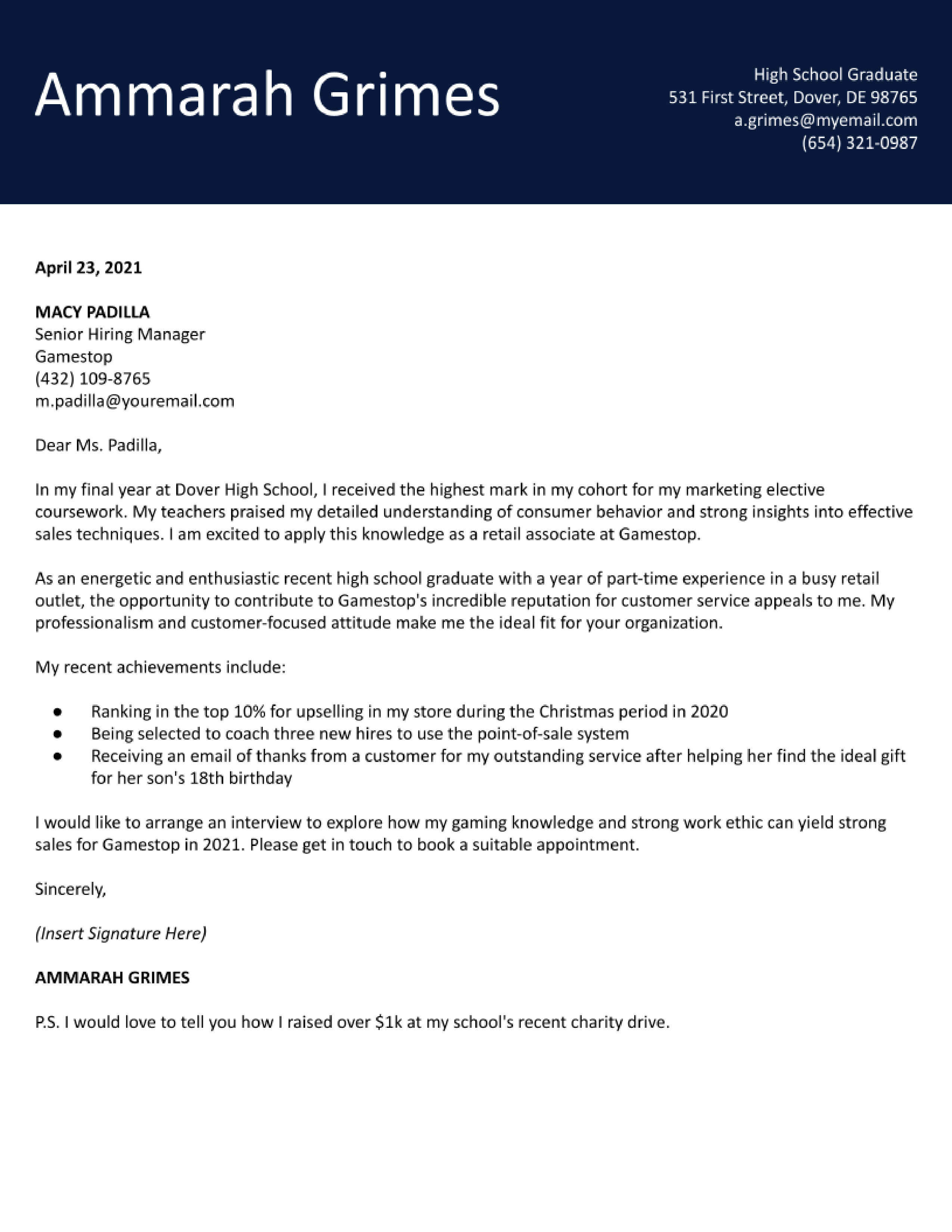 High School Student Cover Letter