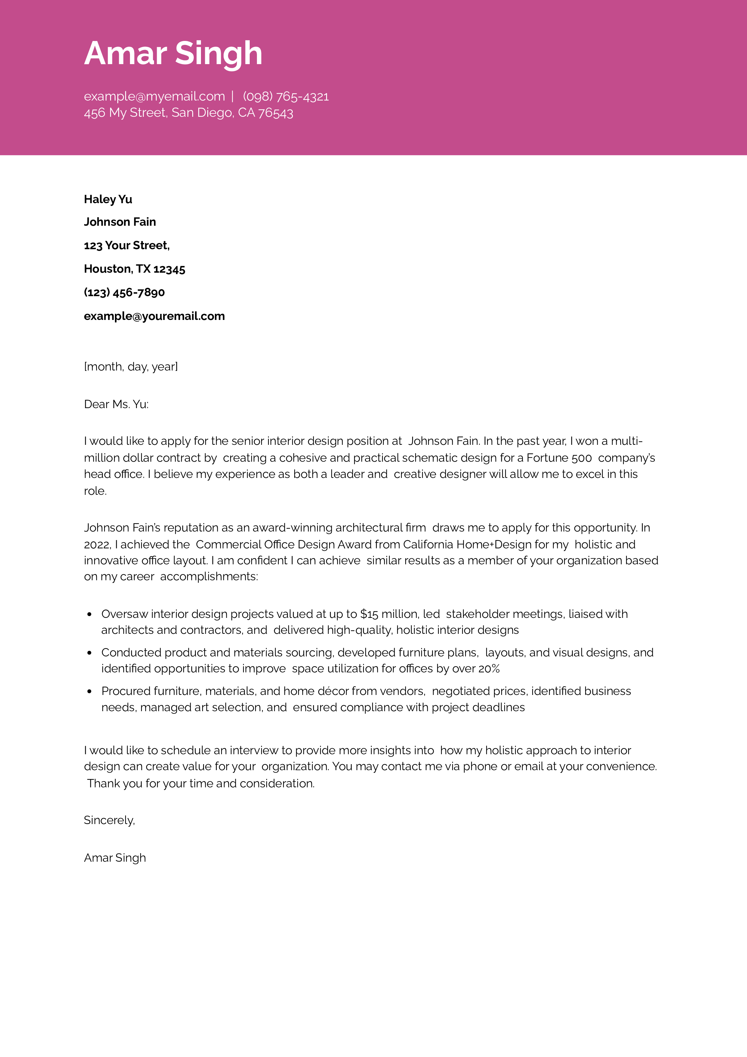 Interior Designer Cover Letter Examples and Templates for 2024 ...